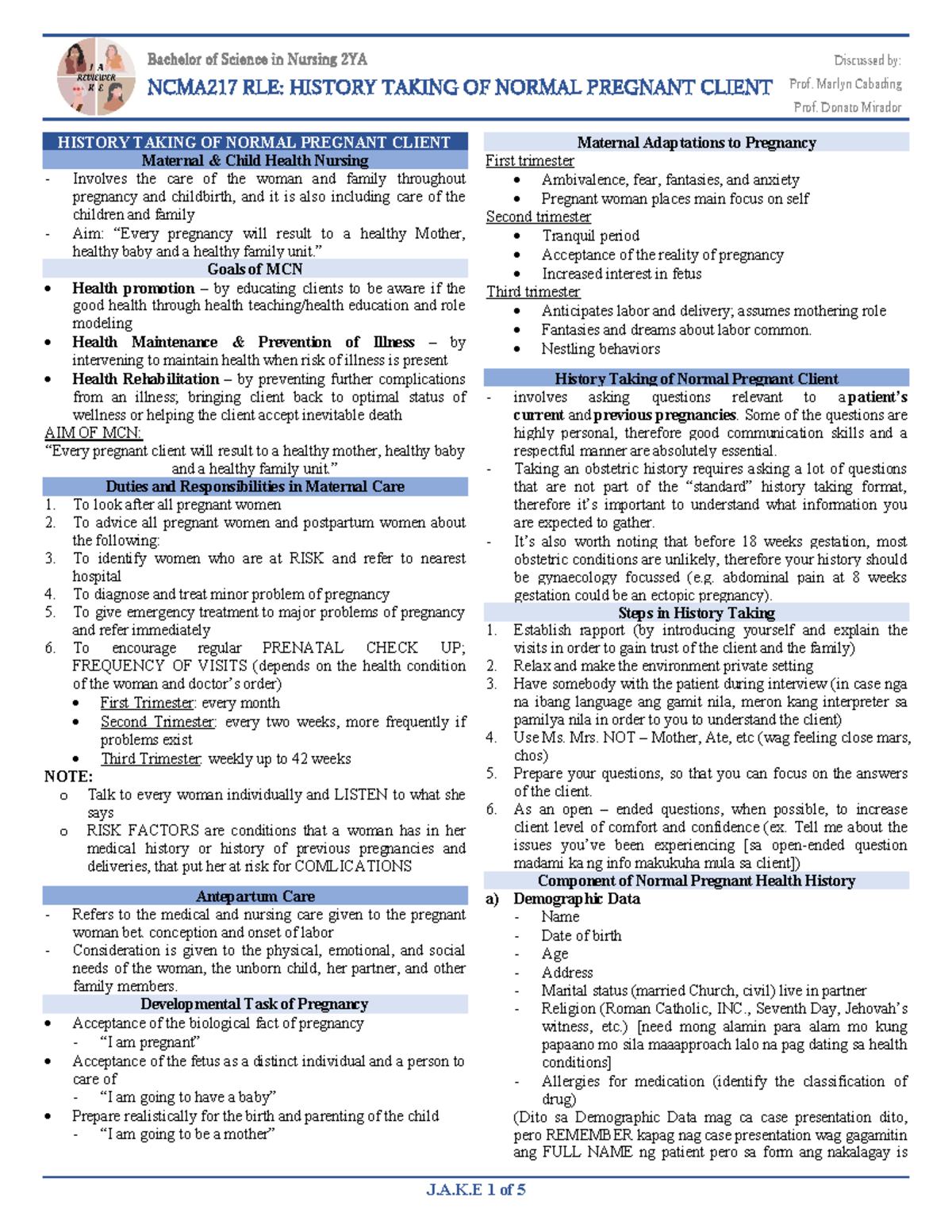 WK2 History Taking of Normal Pregnant Client - Bachelor of Science in ...