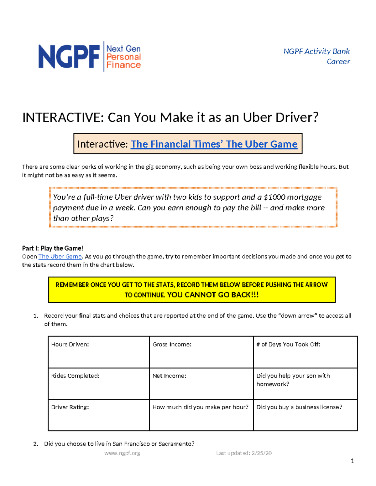 Interactive Can You Make it as an Uber Driver - NGPF Activity Bank ...