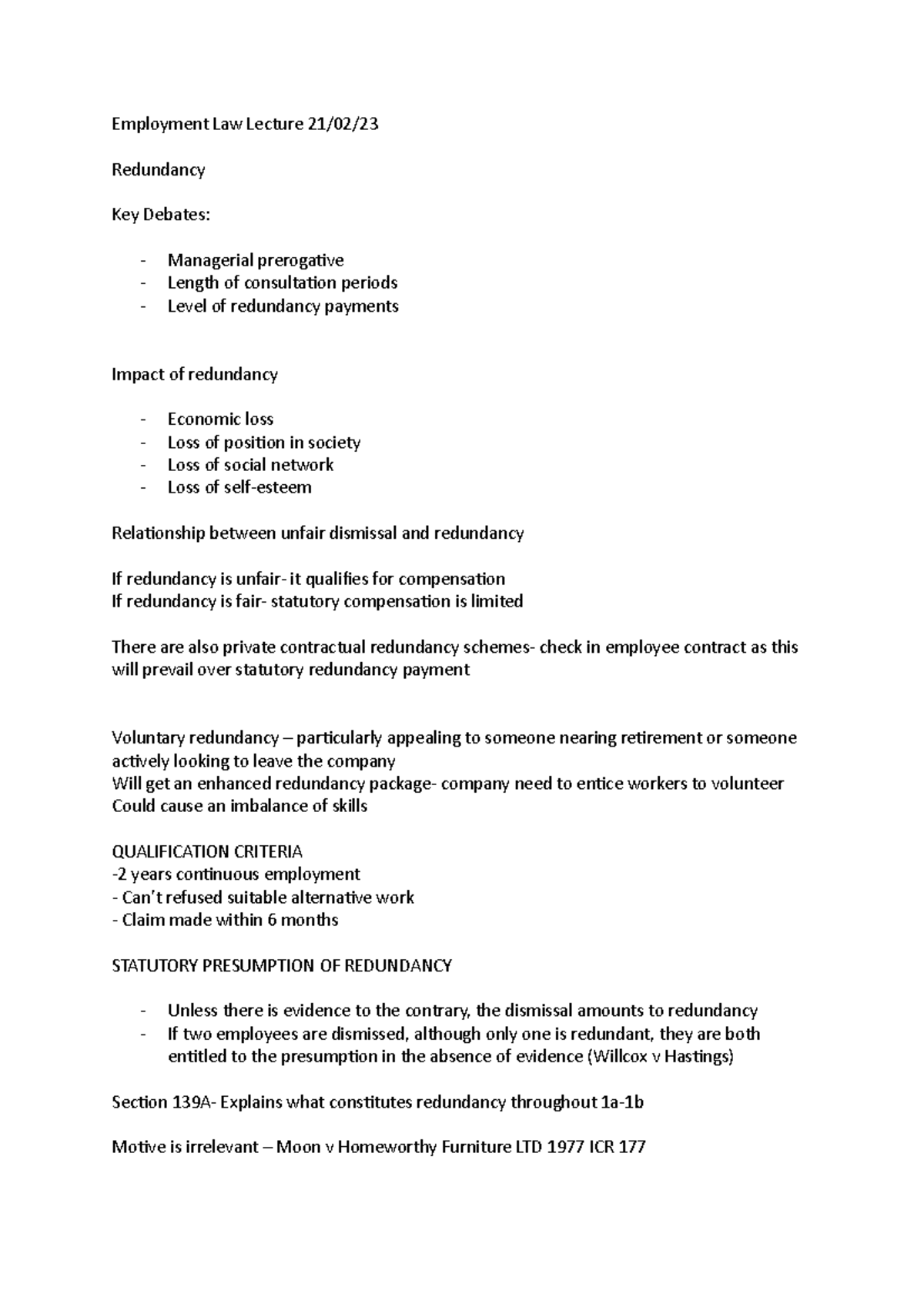 Redundancy - xxxxxx - Employment Law Lecture 21/02/ Redundancy Key ...