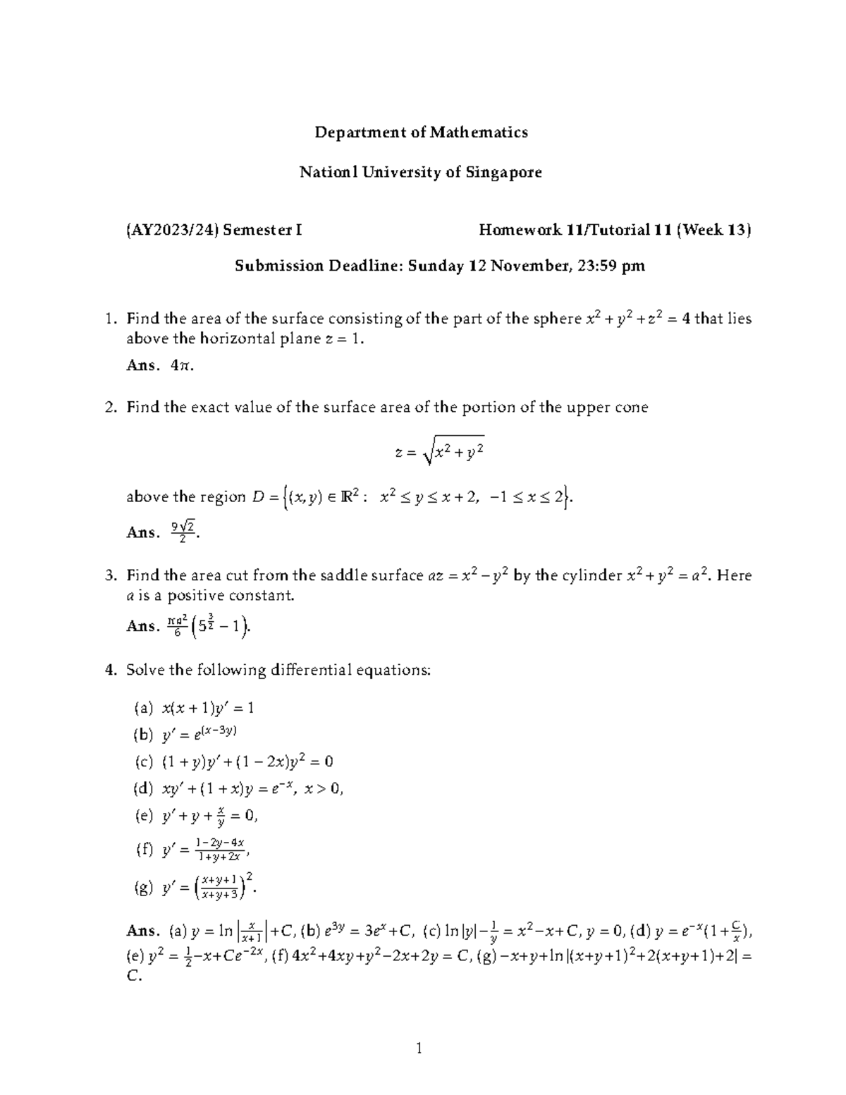 MA1521 Tutorial Homework 11 - Department of Mathematics Nationl University of Singapore (AY2023 ...