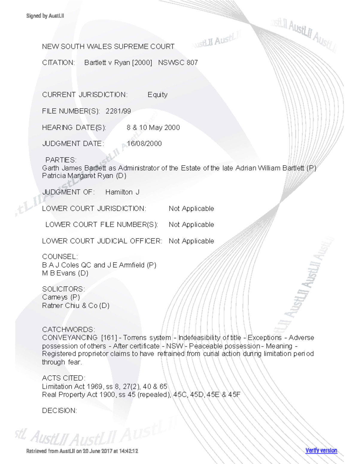 Bartlett v Ryan - Relevant Case - NEW SOUTH WALES SUPREME COURT ...