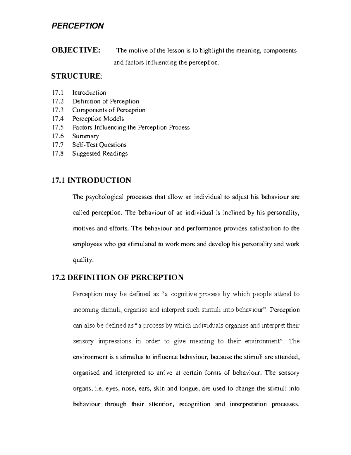 Management Lesson part 5 - PERCEPTION OBJECTIVE: The motive of the ...