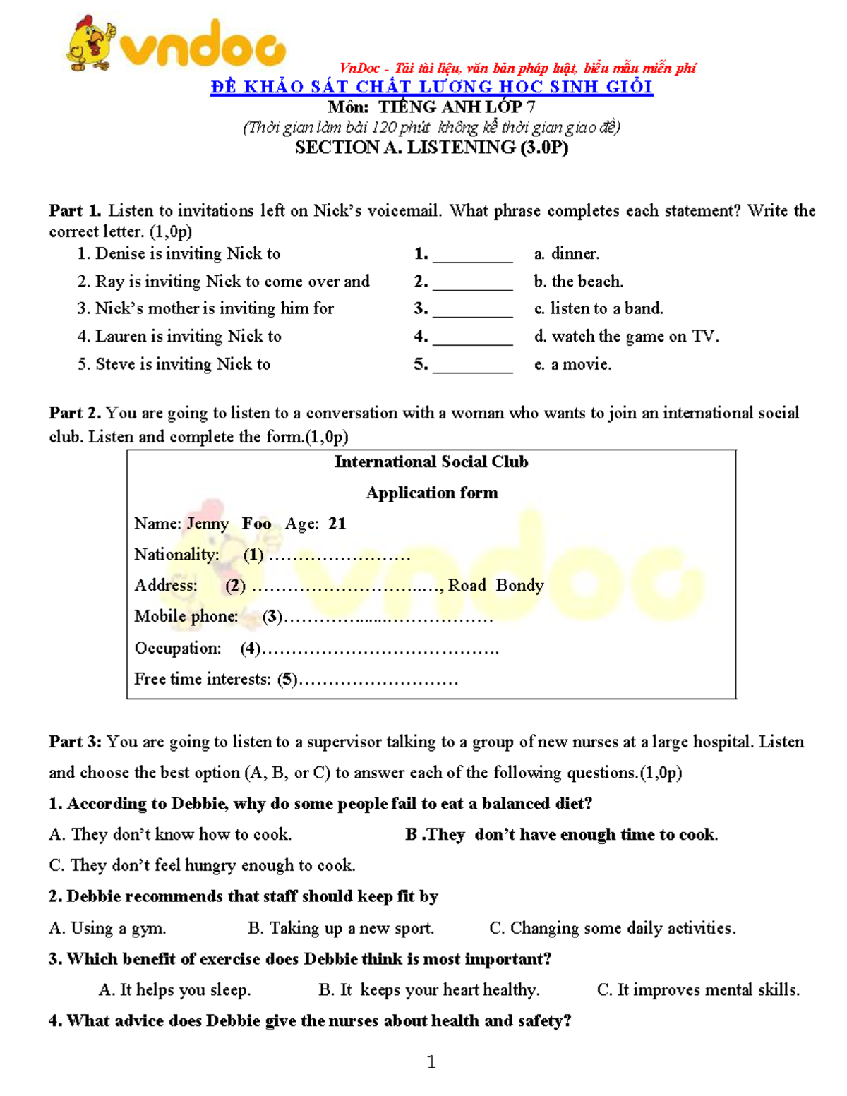 De thi hoc sinh gioi mon tieng anh lop 7 co file nghe va dap an - ĐỀ KHẢO SÁT CH ẤT LƯỢNG HỌC ...