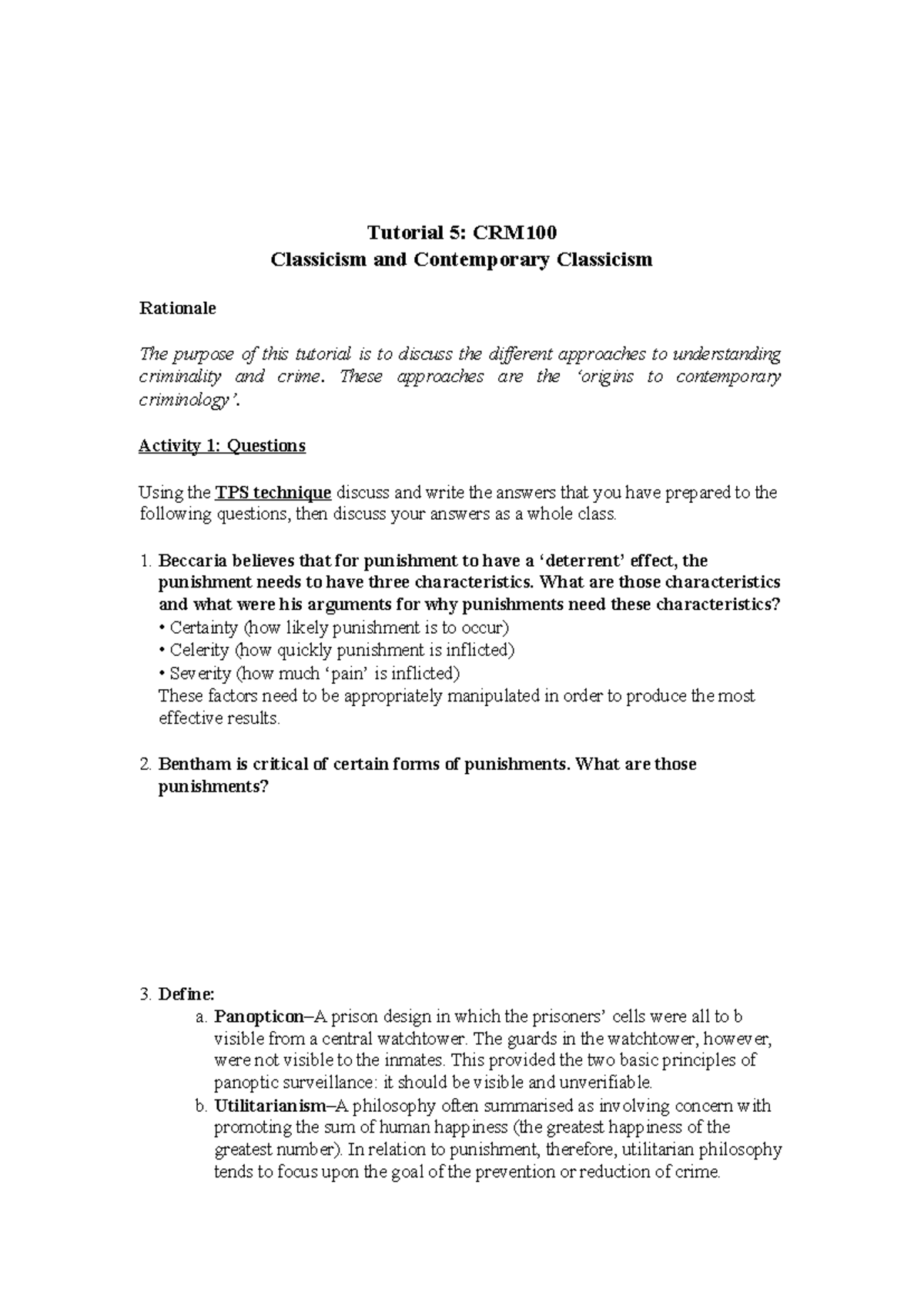 CRM100 Tute 5 - tute work - Tutorial 5: CRM Classicism and Contemporary Classicism Rationale The ...