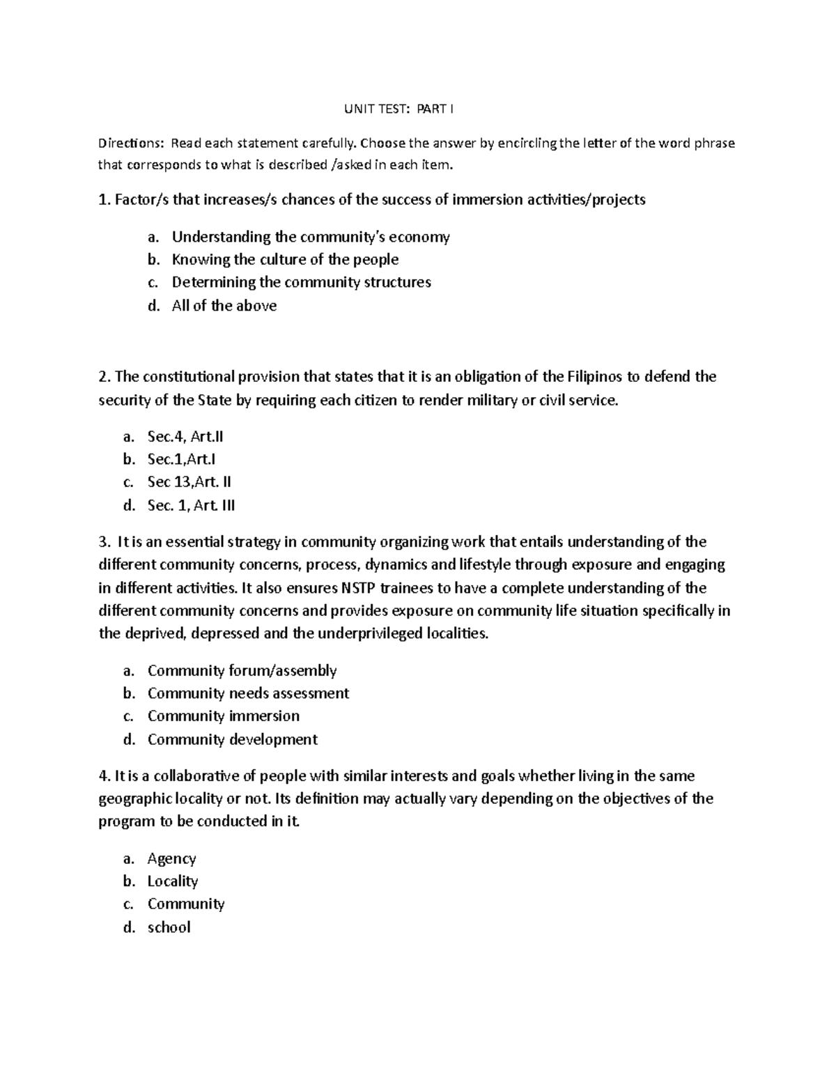 Unit Test II ( Part I and Part II) - UNIT TEST: PART I Directions: Read ...