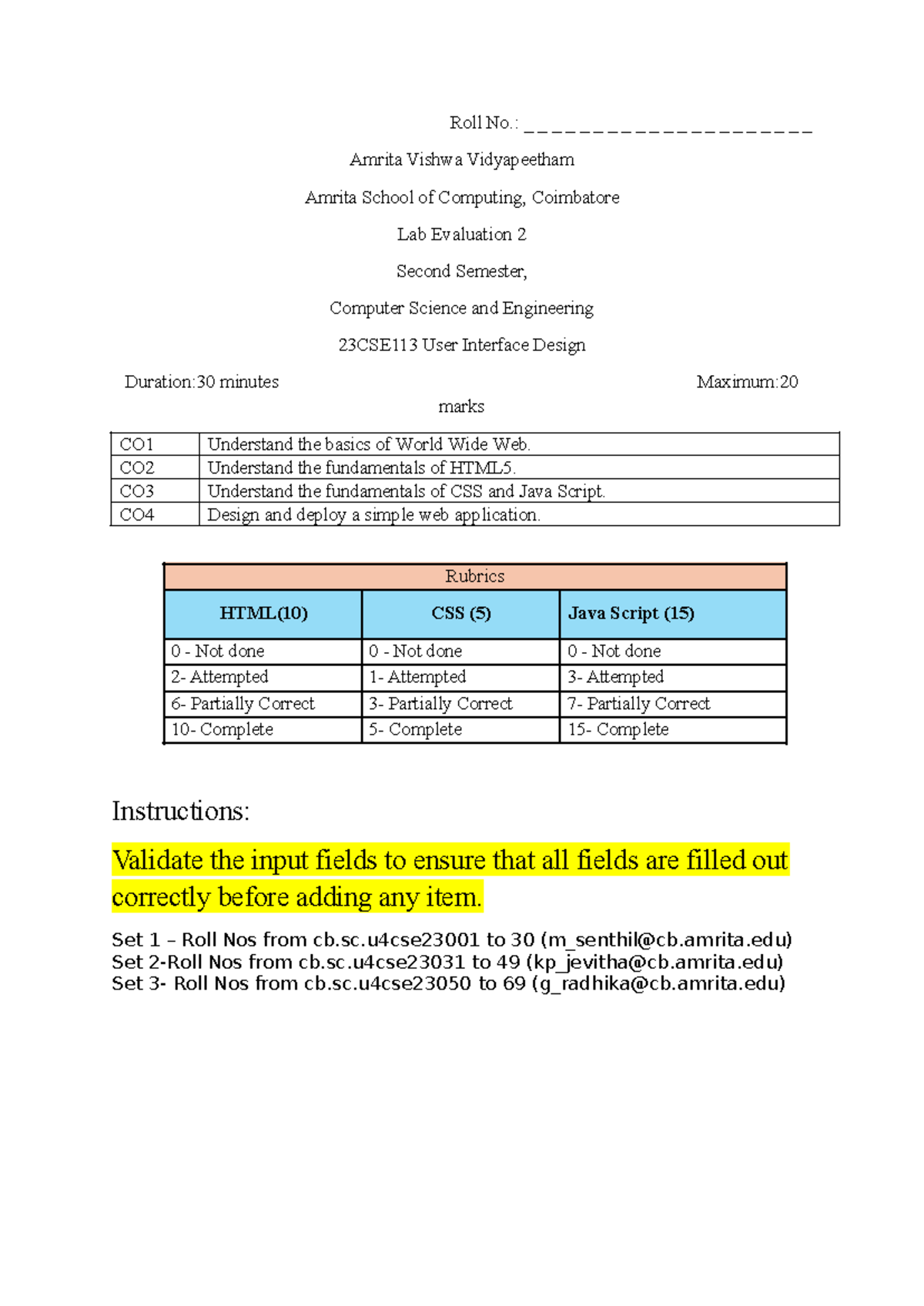 Eval2 CSE A - Roll No.: _ _ _ _ _ _ _ _ _ _ _ _ _ _ _ _ _ _ _ _ _ Amrita Vishwa Vidyapeetham ...