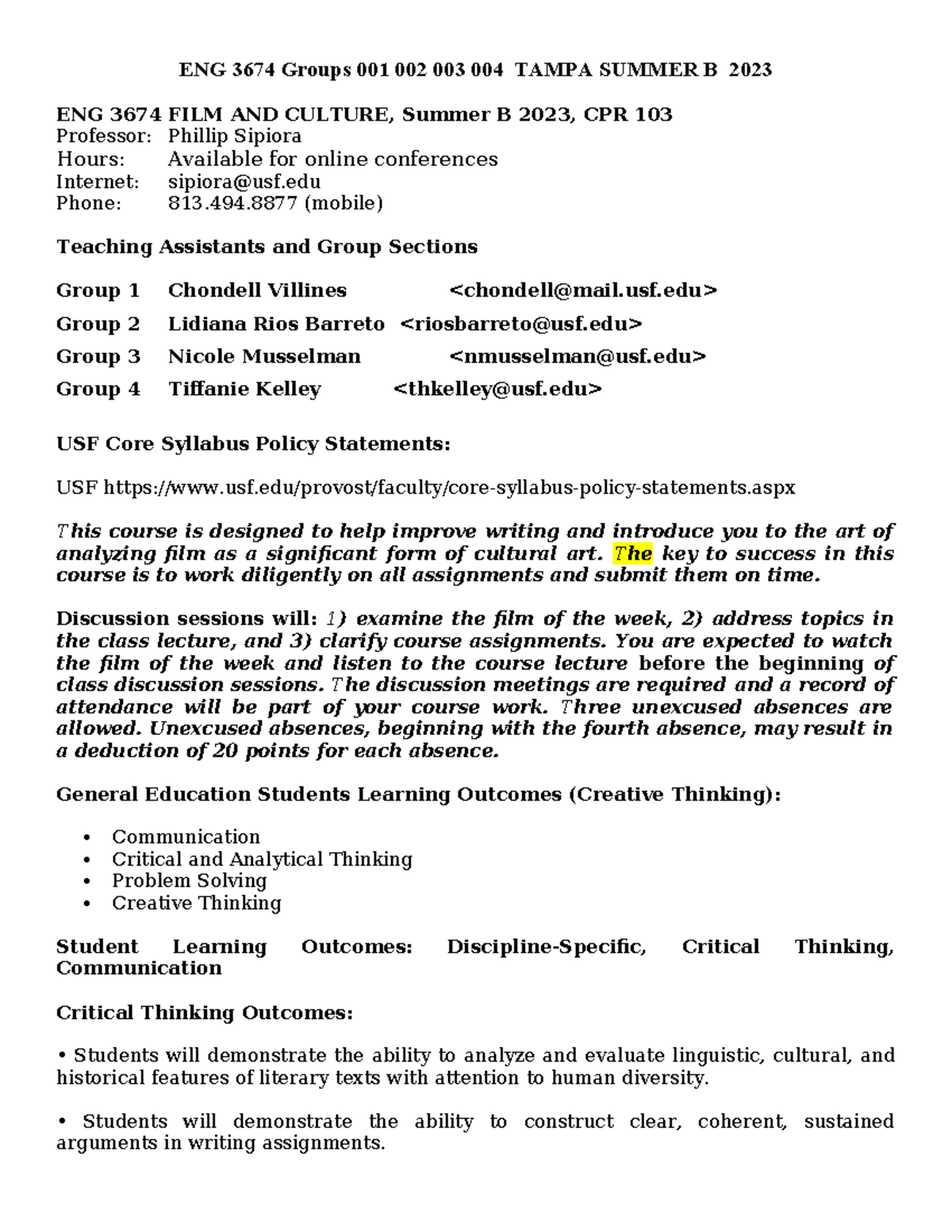 Syllabus. ENG 3674 Summer B - ENG 3674 Groups 001 002 003 004 TAMPA ...