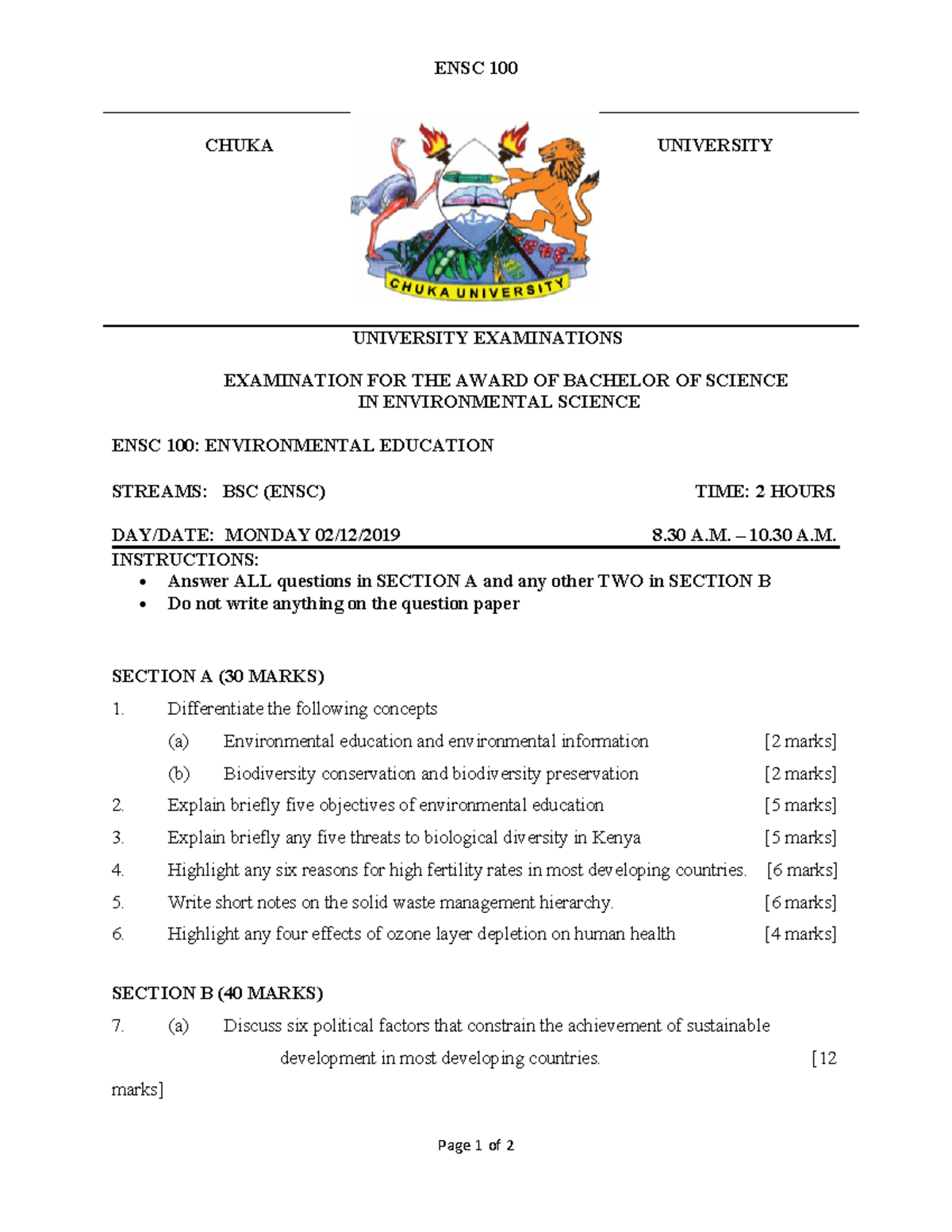 ENSC 100 - ENSC 100 CHUKA UNIVERSITY UNIVERSITY EXAMINATIONS ...