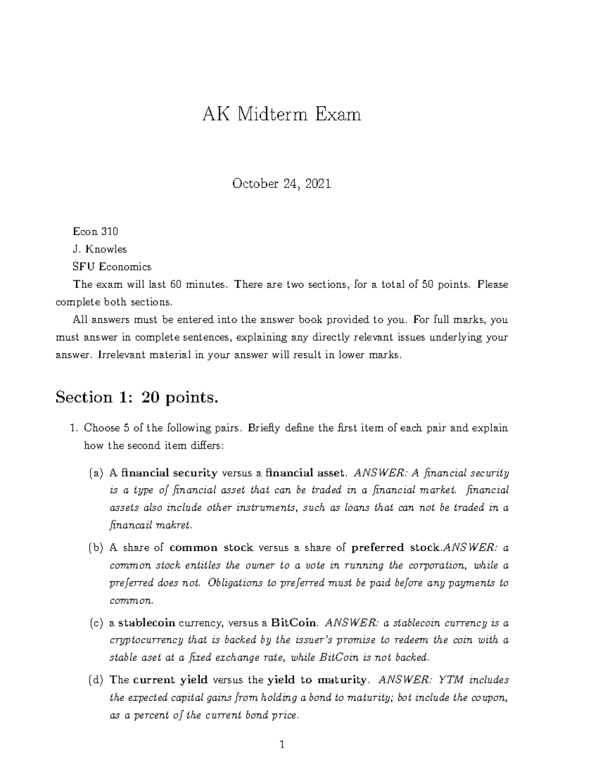 Practice Midterm AK - AK Midterm Exam October 24, 2021 Econ 310 J. Knowles SFU Economics The ...