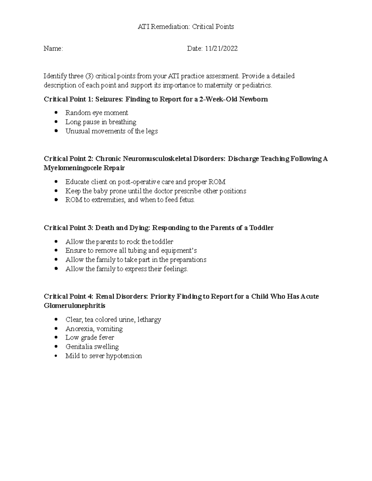 ATI Critical Points proc peds - ATI Remediation: Critical Points Name ...