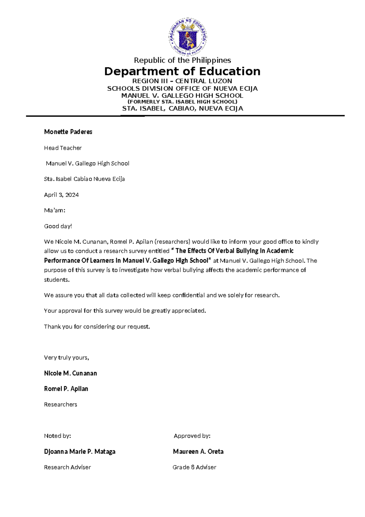 Letter - waka - Republic of the Philippines Department of Education ...