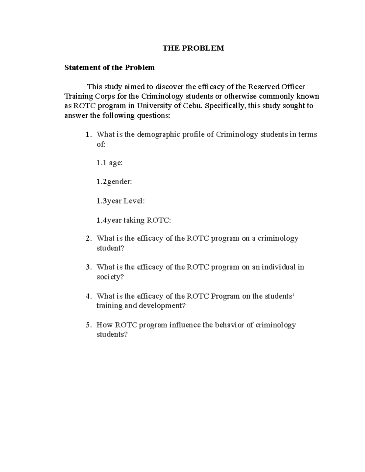 SOP - ok dokee - THE PROBLEM Statement of the Problem This study aimed ...