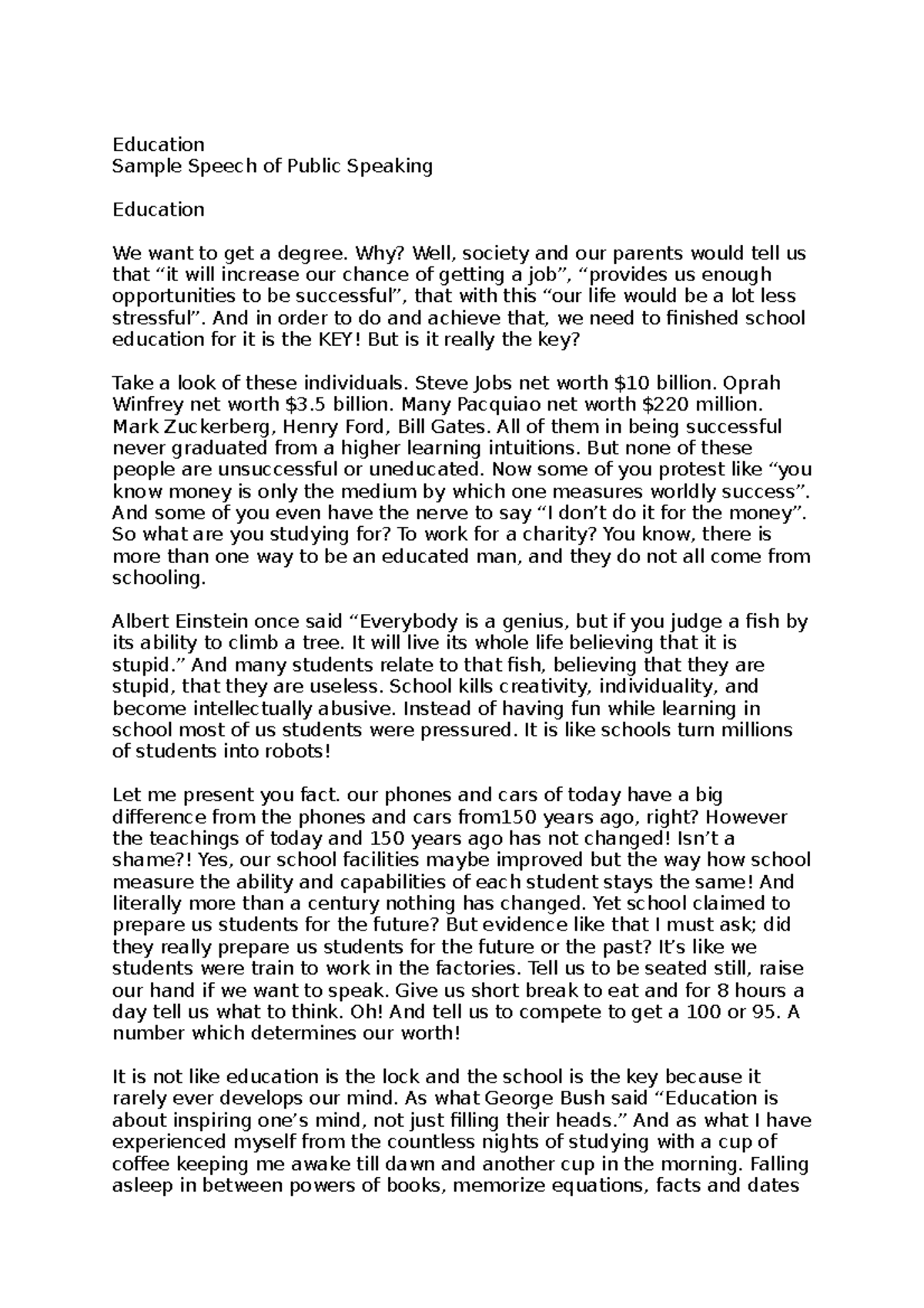 final speech on education - Education Sample Speech of Public Speaking ...