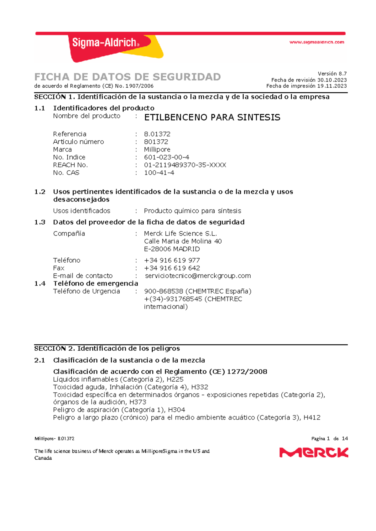 FDS Etilbenceno - Millipore- 8 Pagina 1 de 14 The life science business ...