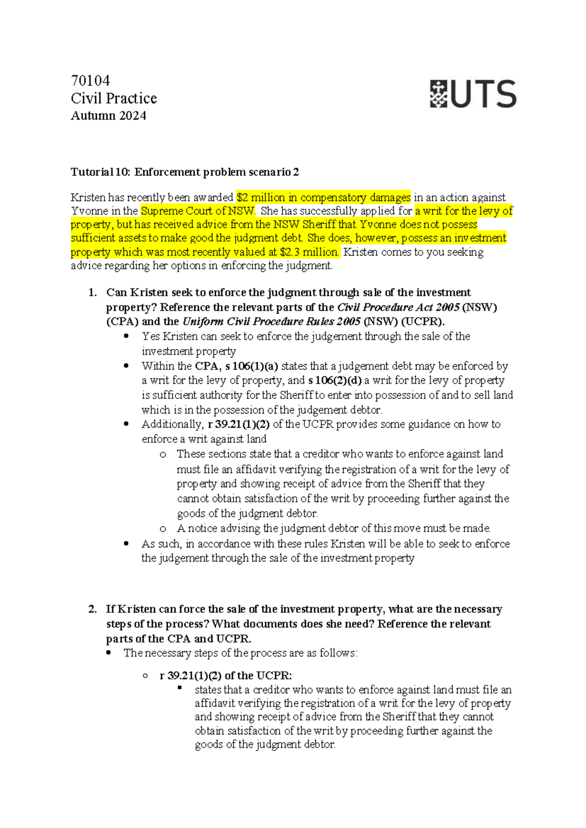 2024 Aut. CP Tutorial 10 enforcement scenario 2 - 70104 Civil Practice Autumn 2024 Tutorial 10 ...
