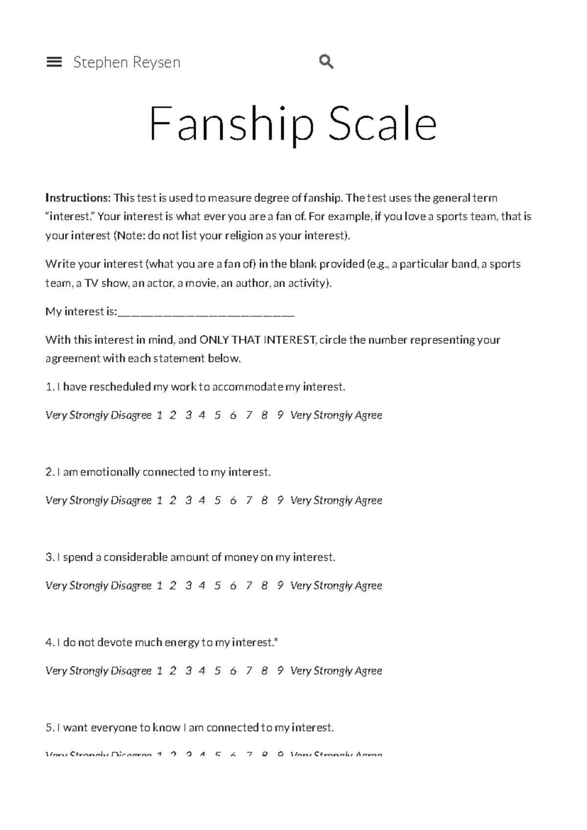Stephen Reysen - Fanship Scale - Fanship Scale Instructions: This test ...