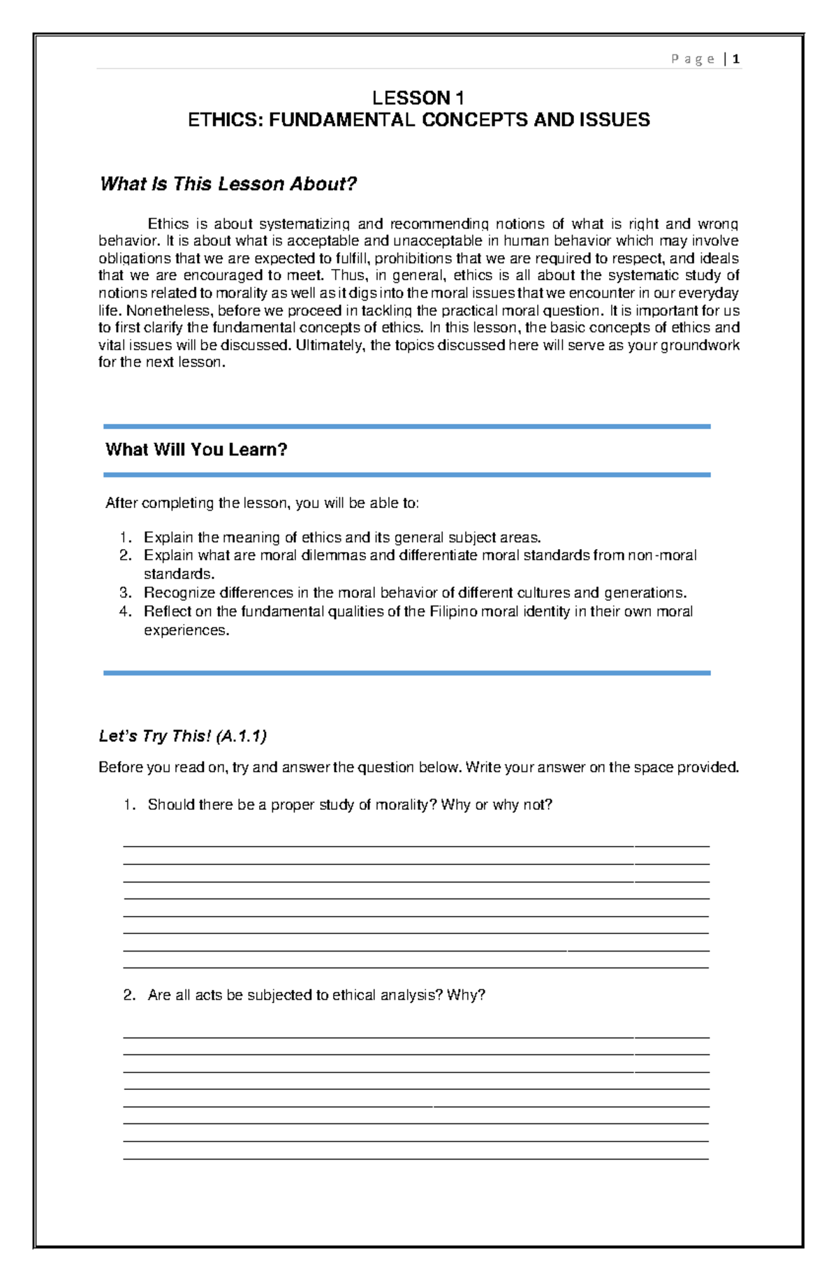 Ethics-Lesson-1 - LESSON 1 ETHICS: FUNDAMENTAL CONCEPTS AND ISSUES What ...