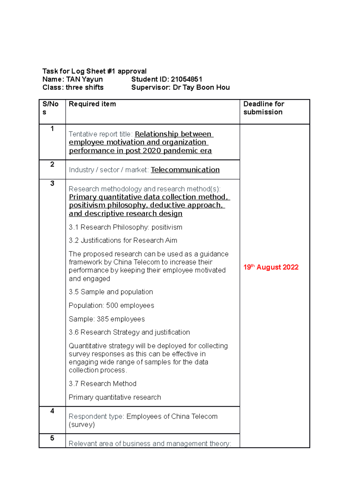 Jan rubric sample - Task for Log Sheet #1 approval Name: TAN Yayun ...