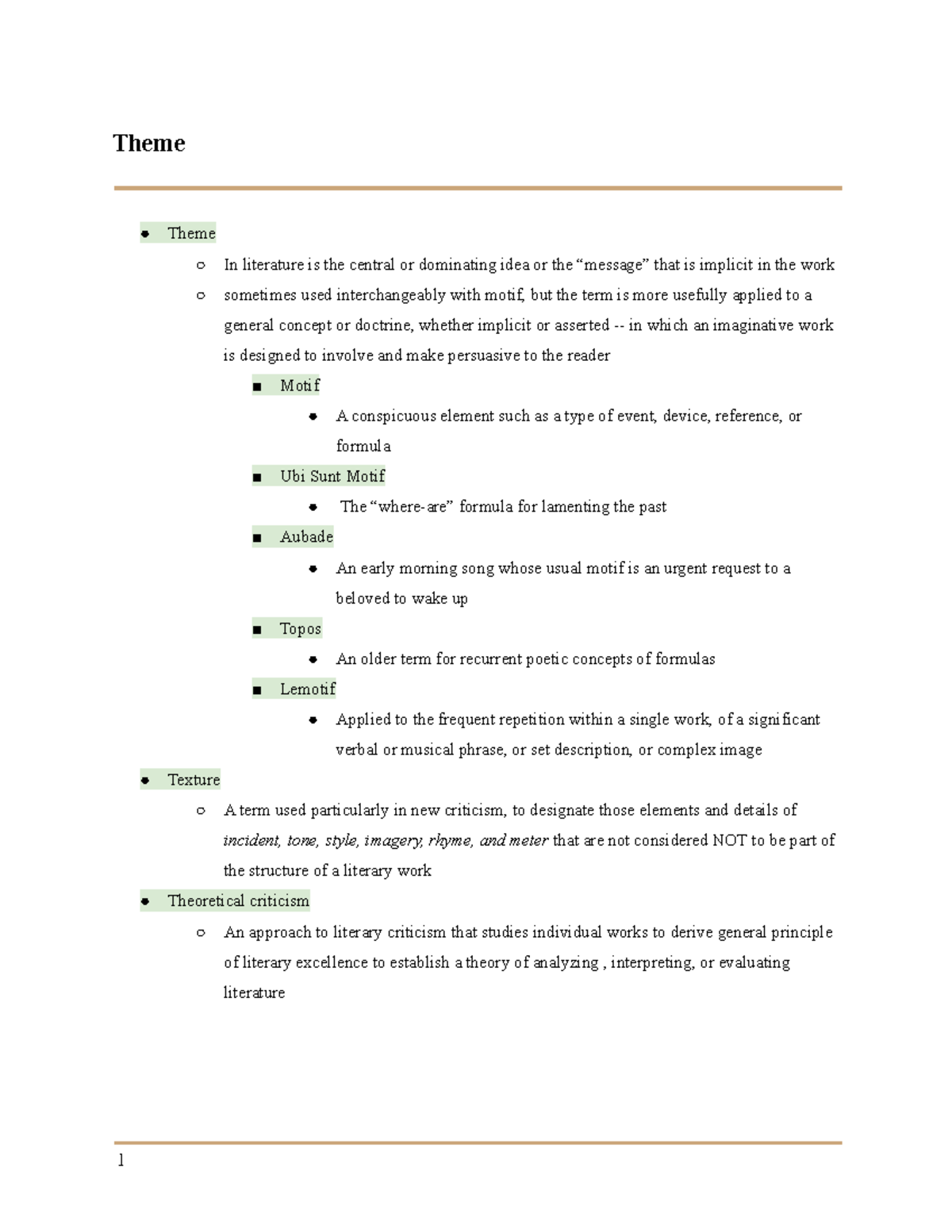 Notes one Theme and motifs - Theme Theme In literature is the central ...