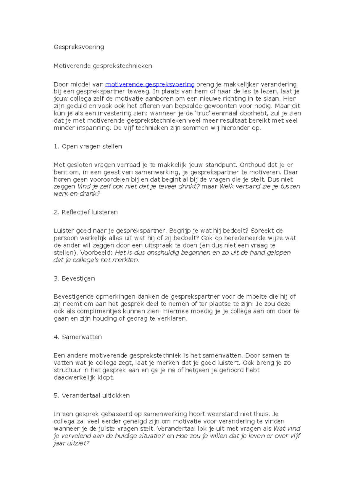 Gesprektechnieken - technieken - Gespreksvoering Motiverende ...