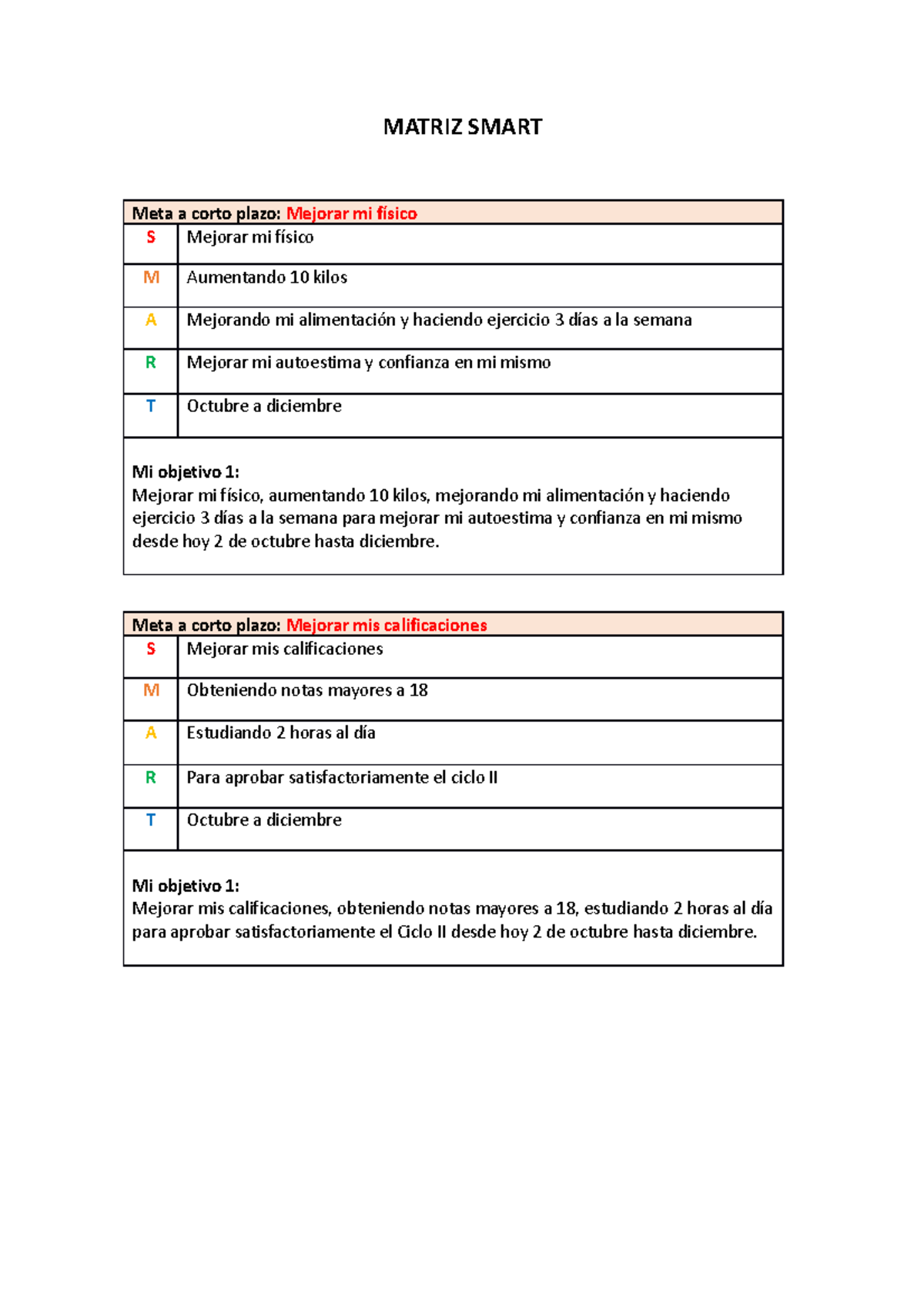 Matriz Smart - MATRIZ SMART Meta a corto plazo: Mejorar mi físico S ...