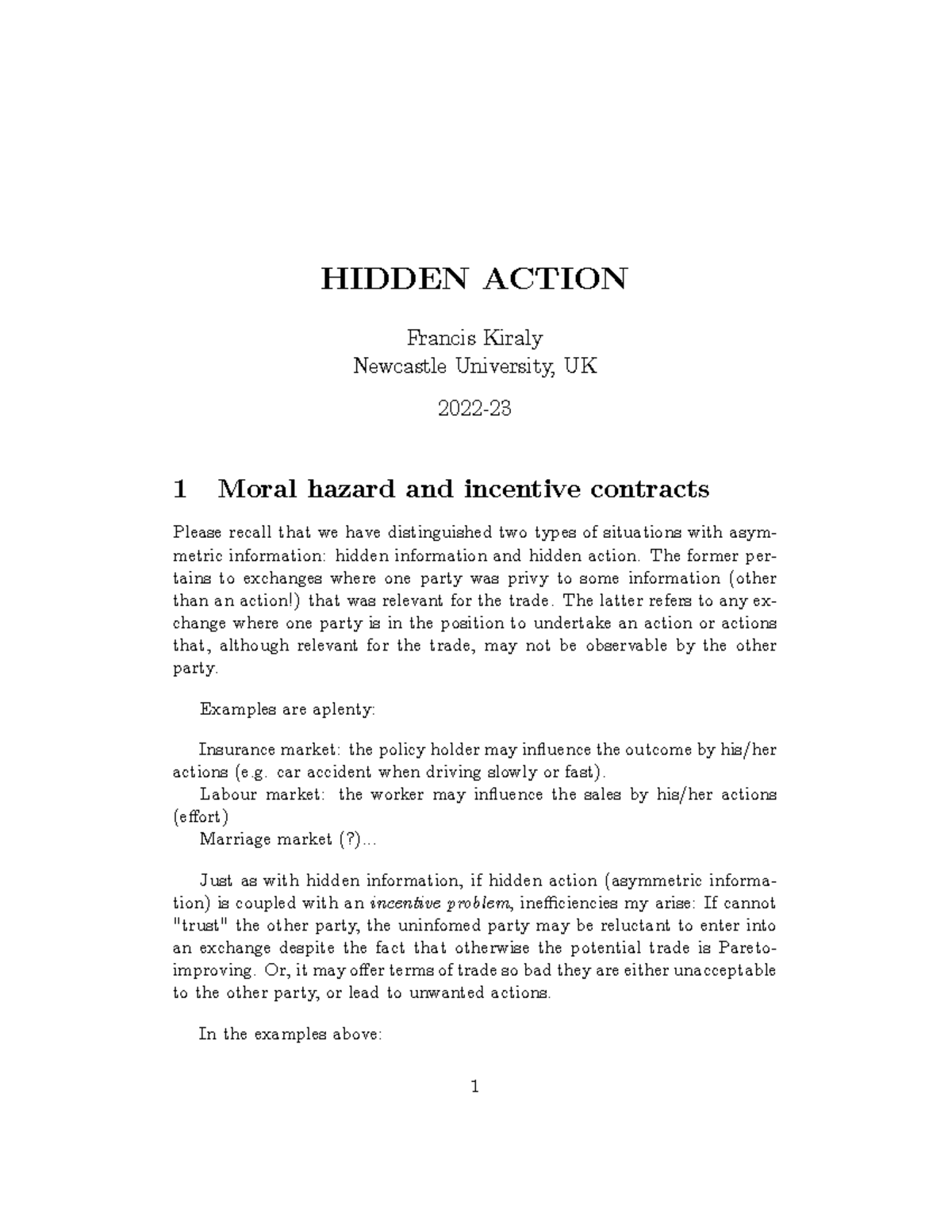 Hidden Action Notes - NOTE - HIDDEN ACTION Francis Kiraly Newcastle ...