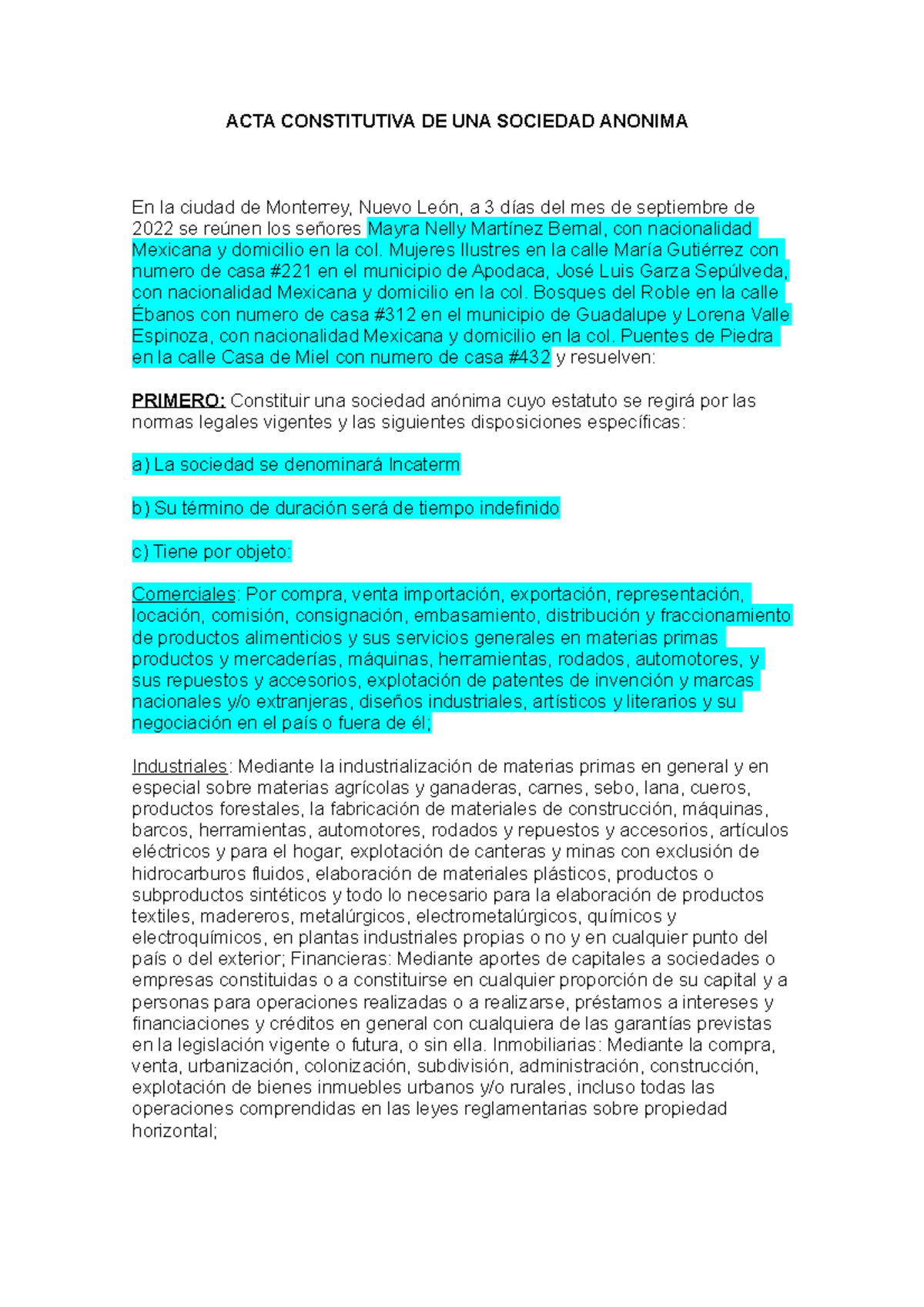 Ejemplo de acta constitutiva de una sociedad anonima - ACTA CONSTITUTIVA DE UNA SOCIEDAD ANONIMA ...