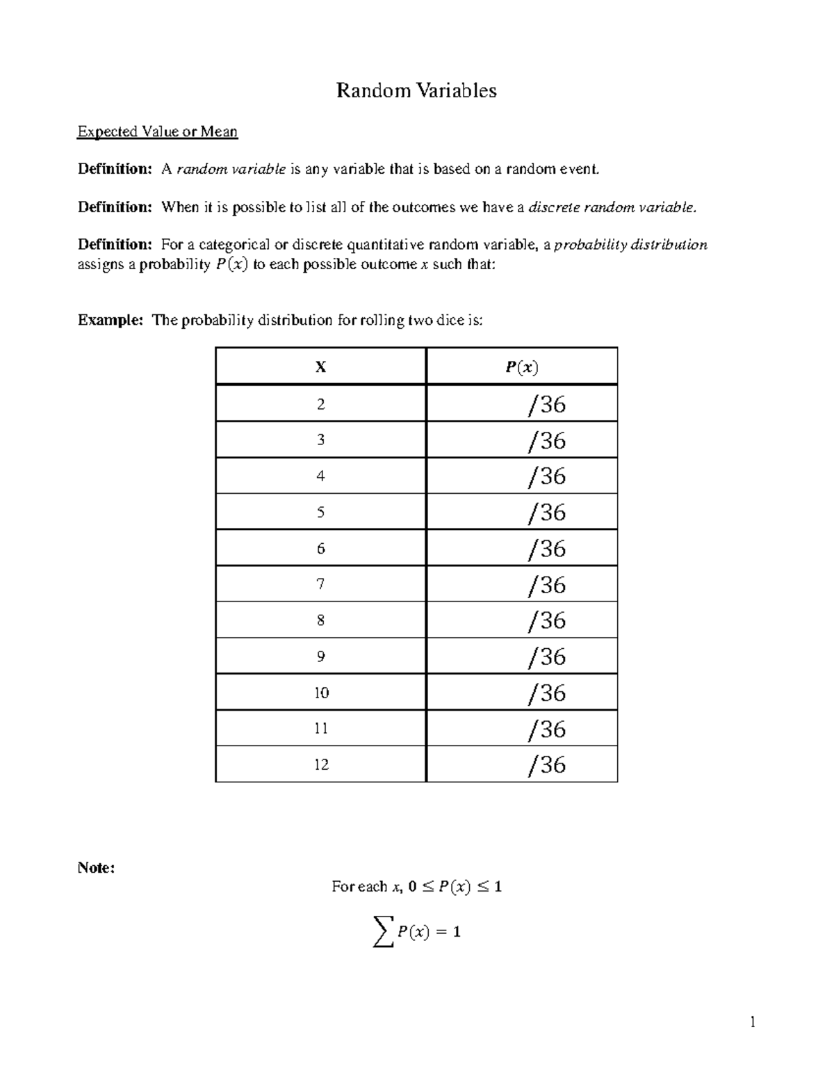 Random Variables - Random Variables Expected Value or Mean Definition ...