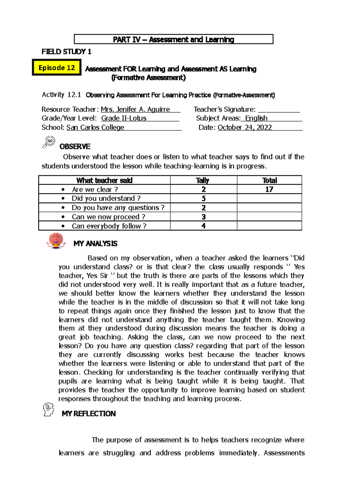 part 11 field study - FIELD STUDY 1 Assessment FOR Learning and ...