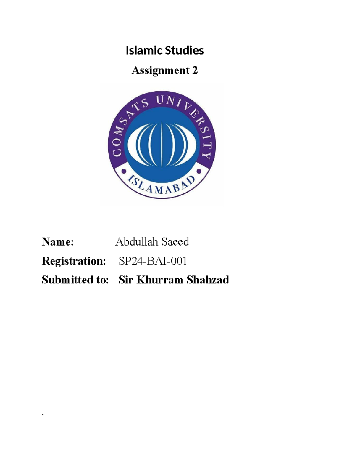 Islamic Studies Assignment 2 - Islamic Studies Assignment 2 Name ...