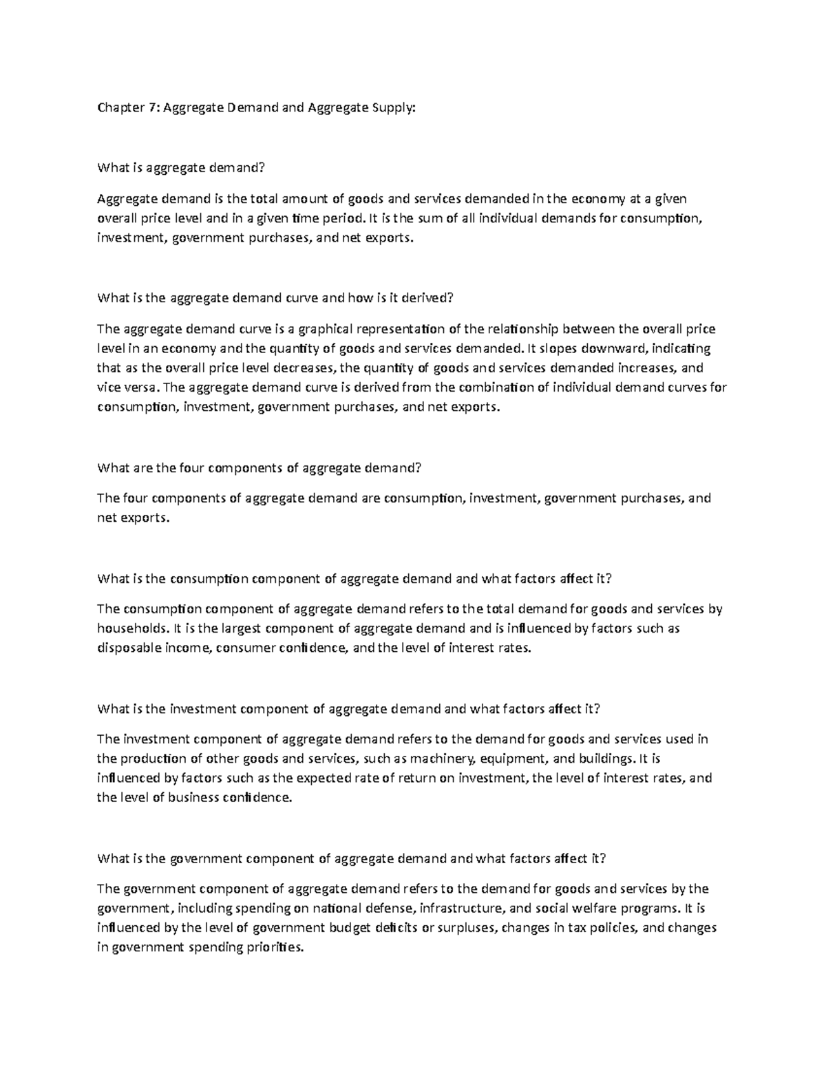 Macro 7 - Chapter 7: Aggregate Demand and Aggregate Supply: What is aggregate demand? Aggregate ...