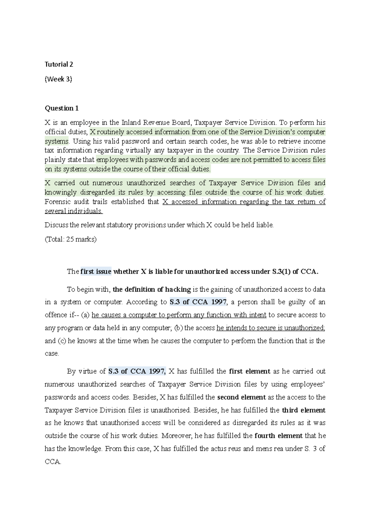 Tutorial 2 - CCA - about CCA - Tutorial 2 (Week 3) Question 1 X is an employee in the Inland ...