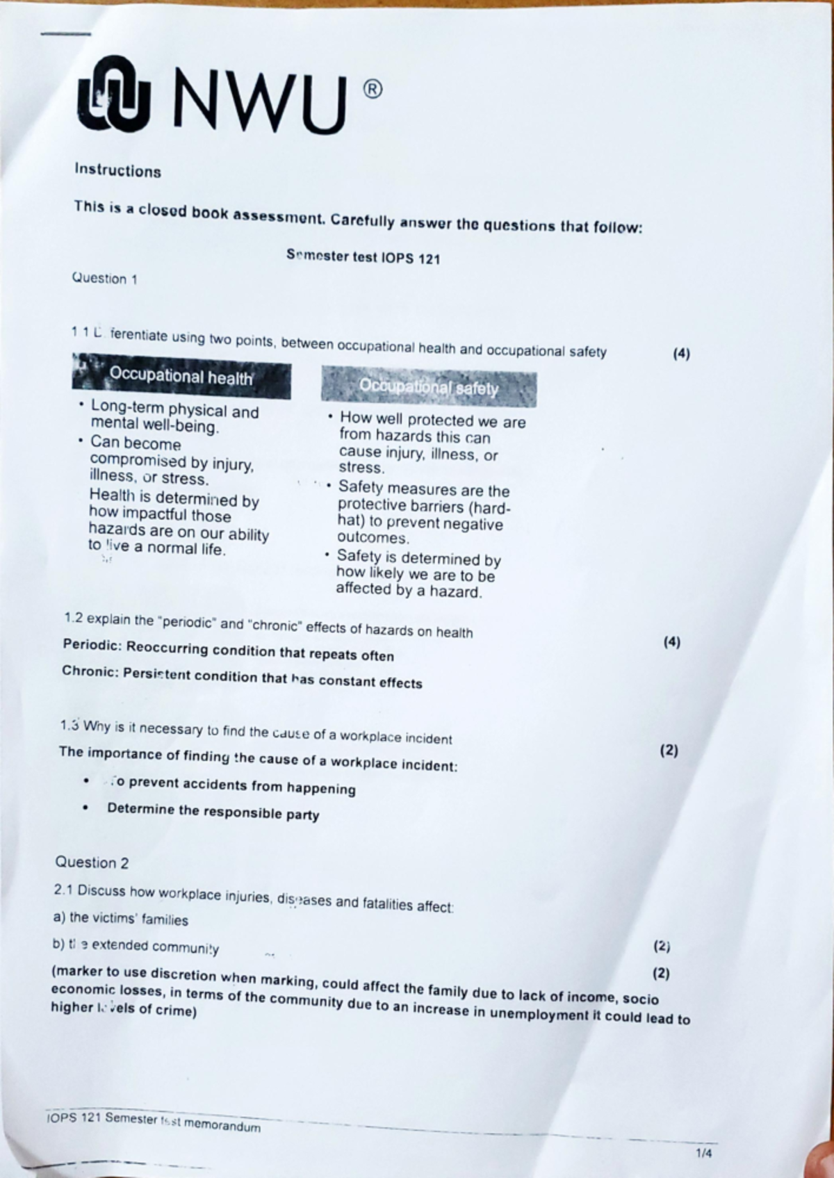 Iops 121 semester test memo - Instructions NWU This is a closed book ...