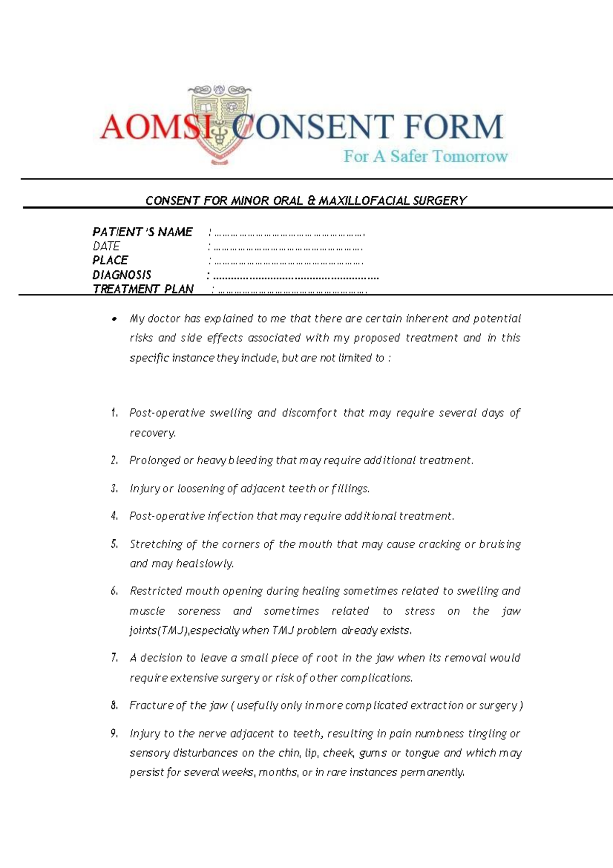 1 Aomsi Consent FORM Final - CONSENT FOR MINOR ORAL & MAXILLOFACIAL ...