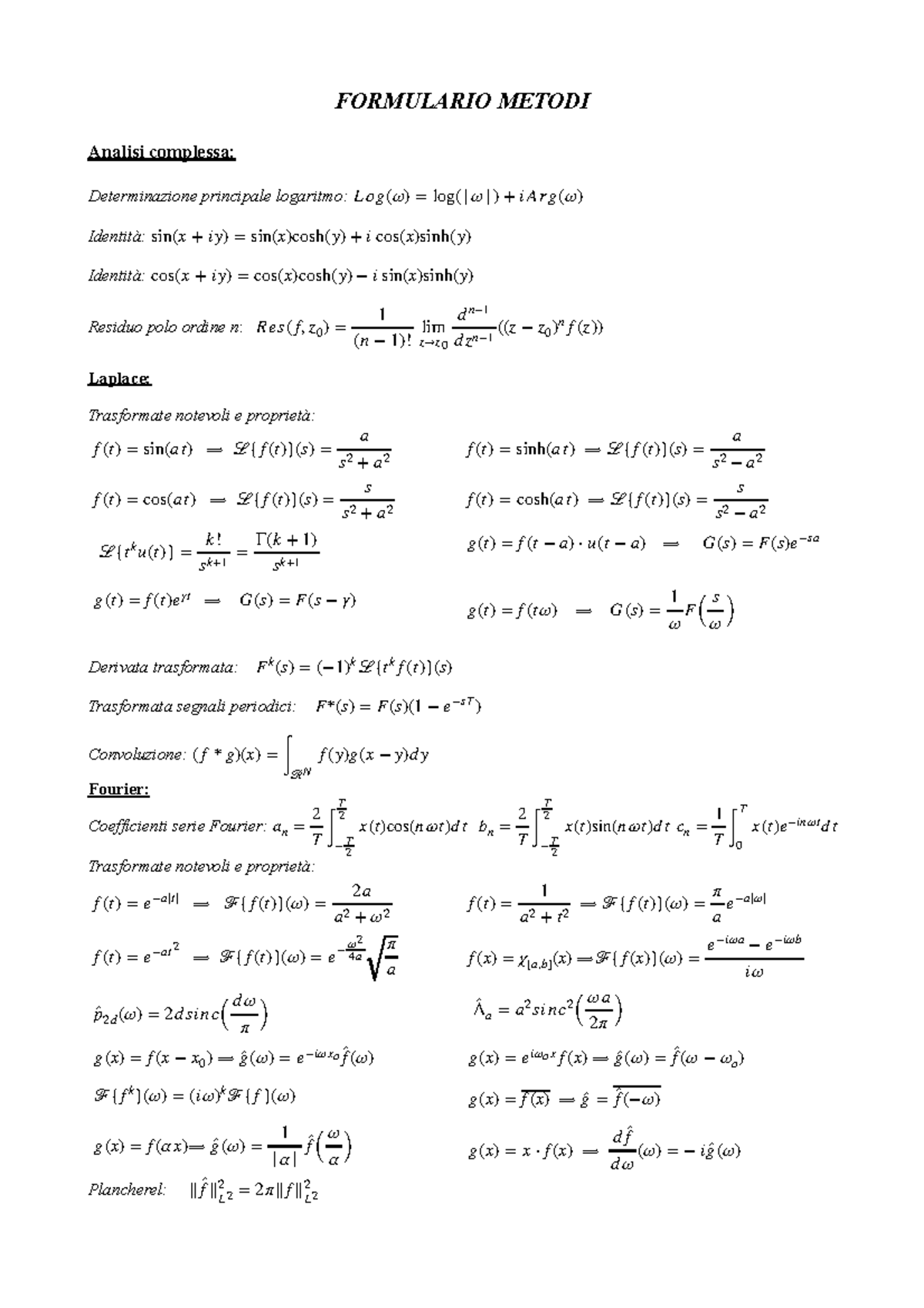 Formulario - FORMULARIO METODI Analisi complessa: Determinazione ...