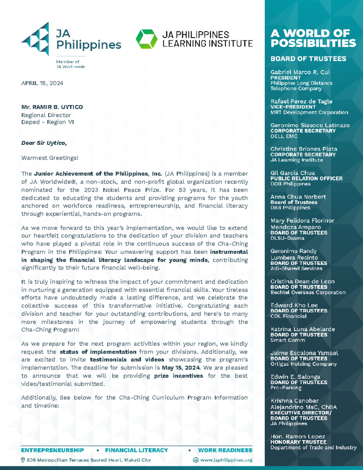 Cha Ching Letter for Region 6 - APRIL 15, 2024 Mr. RAMIR B. UYTICO ...