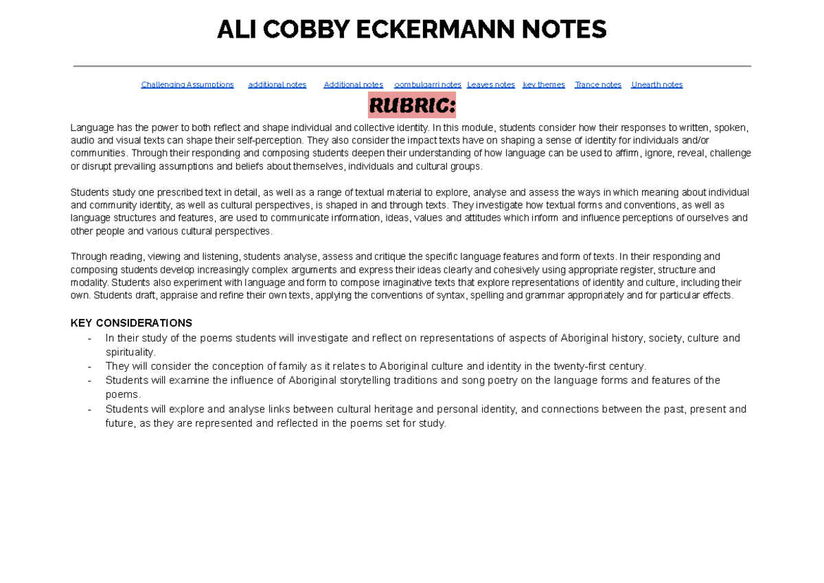 Ali Cobby Eckermann Mod A Notes - ALI COBBY ECKERMANN NOTES Challenging ...