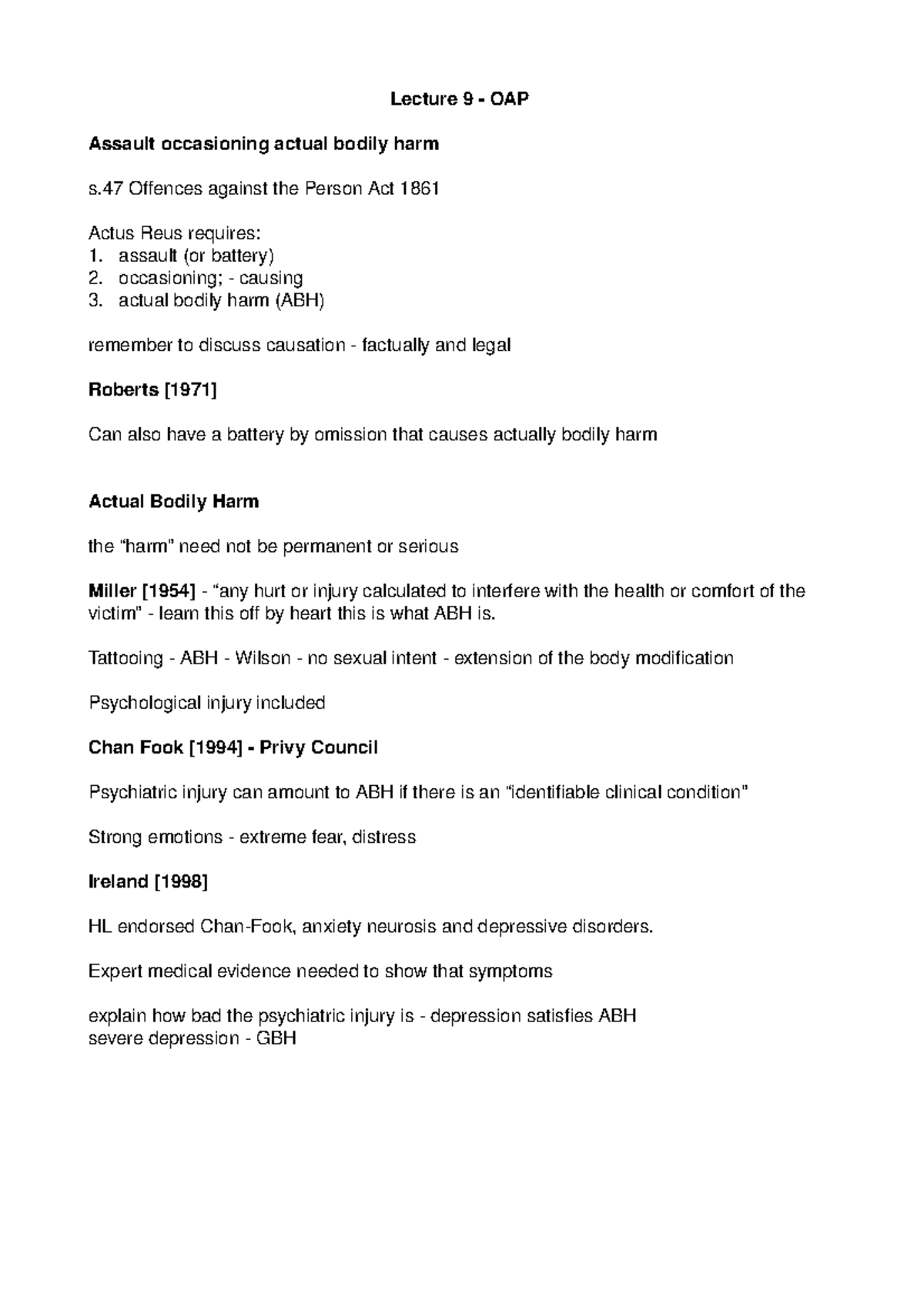 Lecture 9 ABH & GBH - Lecture 9 OAP Assault occasioning actual bodily ...