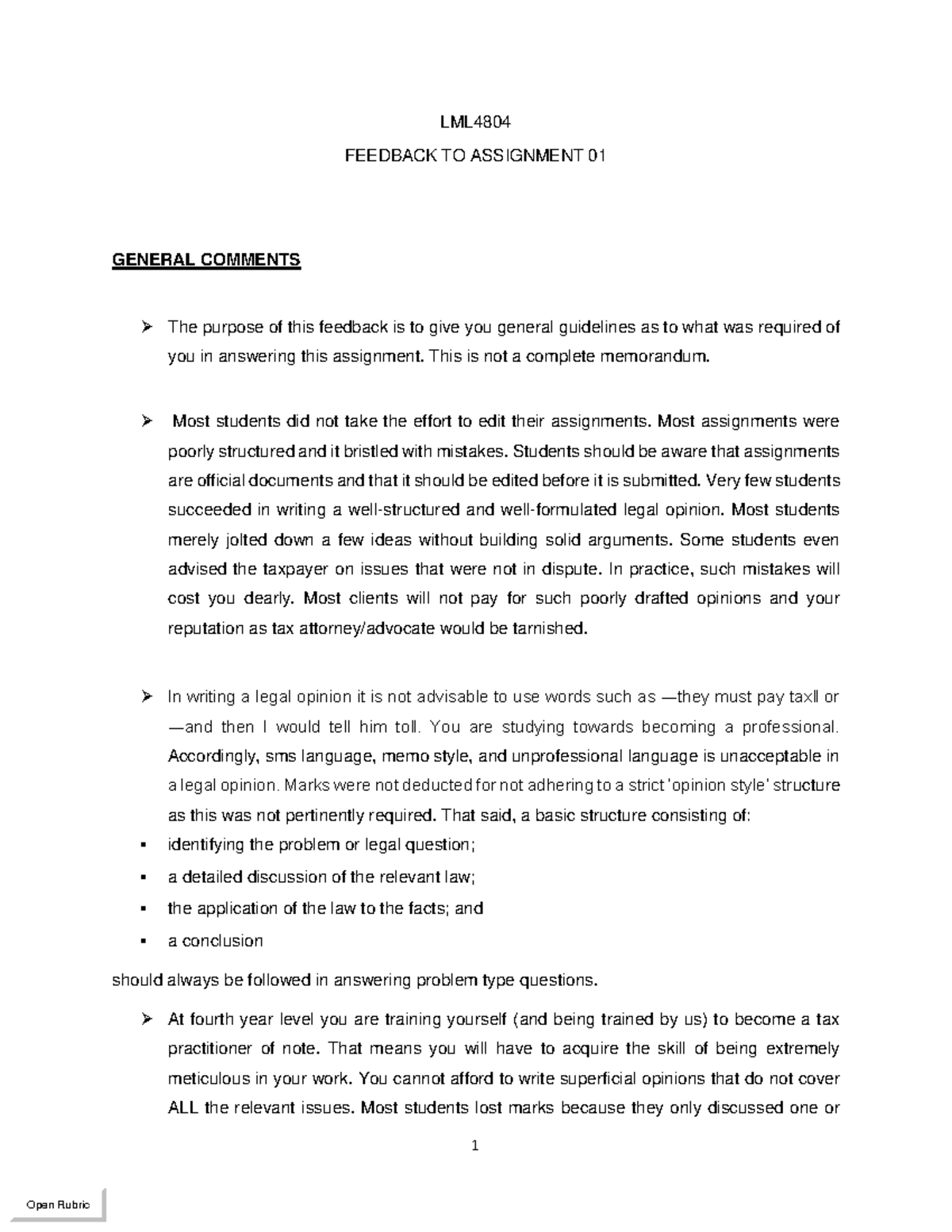 Feedback - 1 LML FEEDBACK TO ASSIGNMENT 01 GENERAL COMMENTS The purpose ...