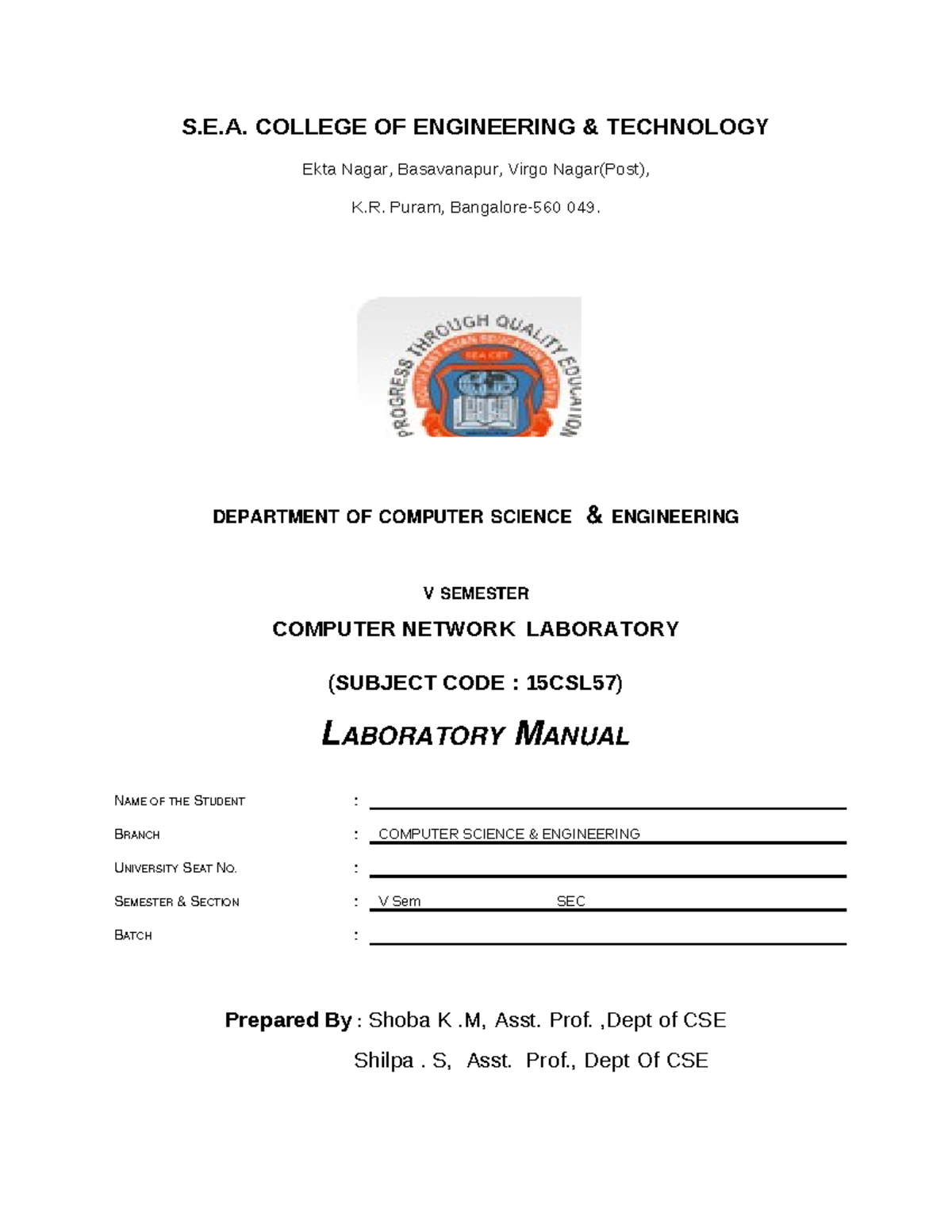 Final-CN-LAB - Cn lab manual - S.E. COLLEGE OF ENGINEERING & TECHNOLOGY Ekta Nagar, Basavanapur ...