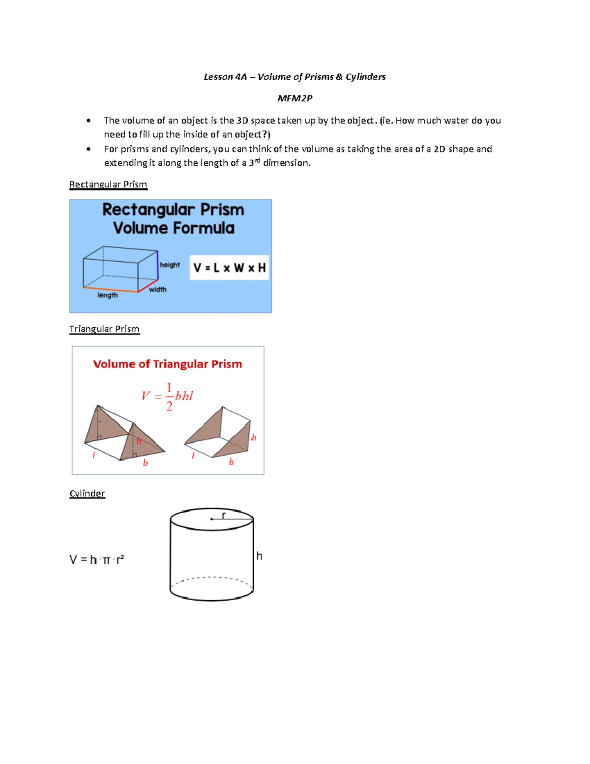 Lesson 4A - Volume of Prisms & Cylinders - Lesson 4A – Volume of Prisms ...
