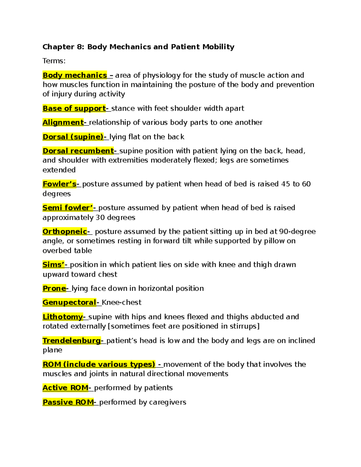 Chaper 8 Mobility Terms - Chapter 8: Body Mechanics and Patient ...