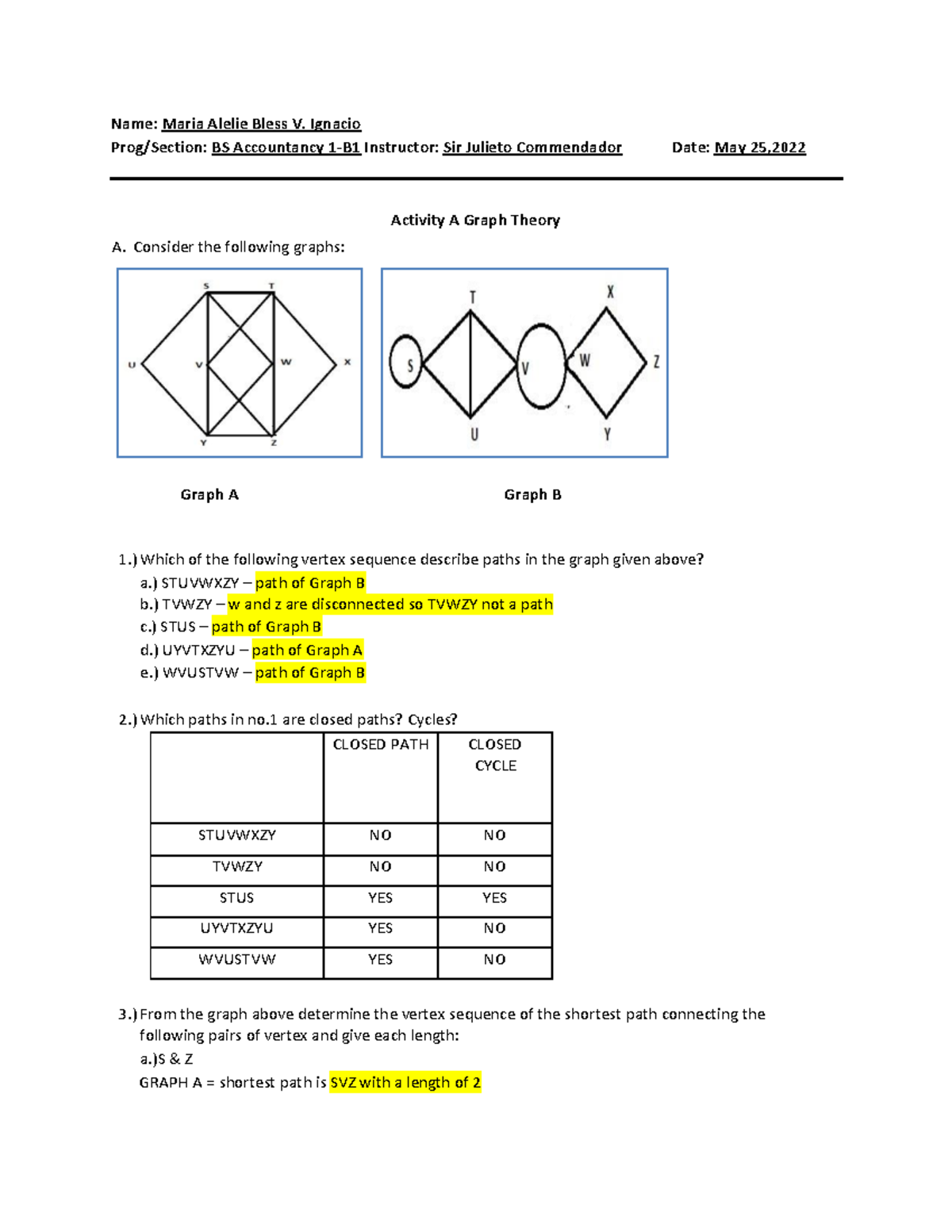 BSA 1-B-1 Ignacio, Maria Alelie Bless V. - Graph Theory - Name: Maria Alelie Bless V. Ignacio ...