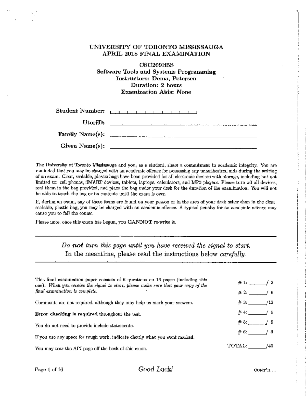 Csc209h-ap18 - exam - UNIVERSITY OF TORONTO MISSISSAUCA APRIL 2018 ...