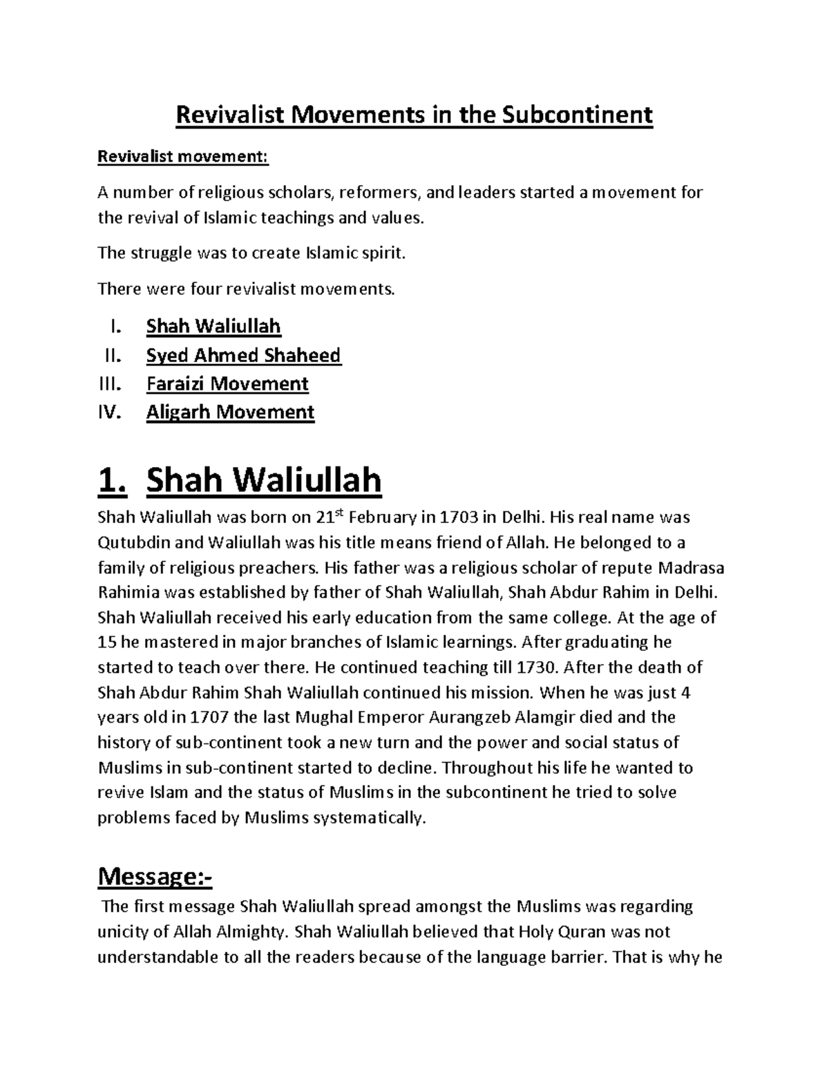 Nida liaquat - Revivalist Movements in the Subcontinent Revivalist ...