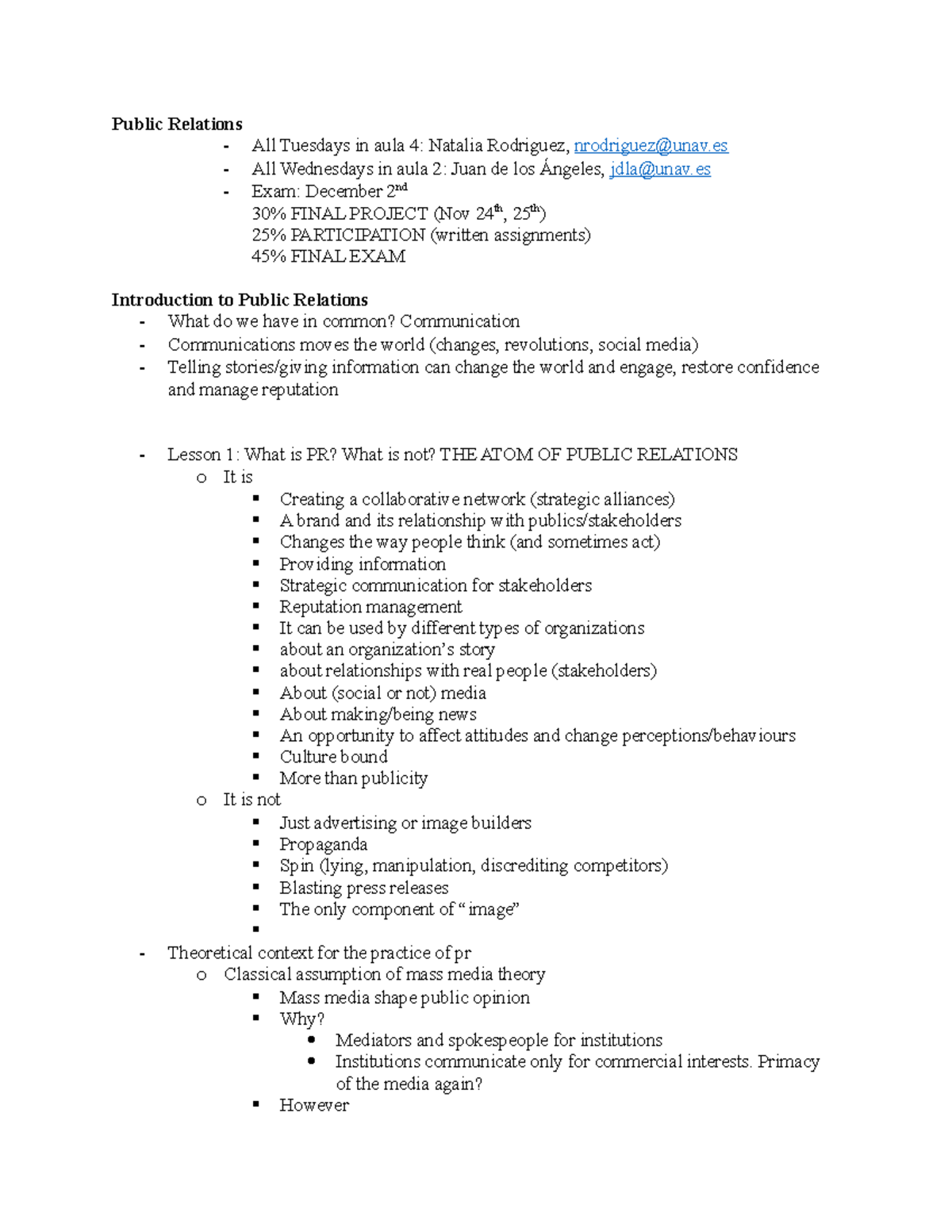 Public Relations notes - Public Relations - All Tuesdays in aula 4 ...