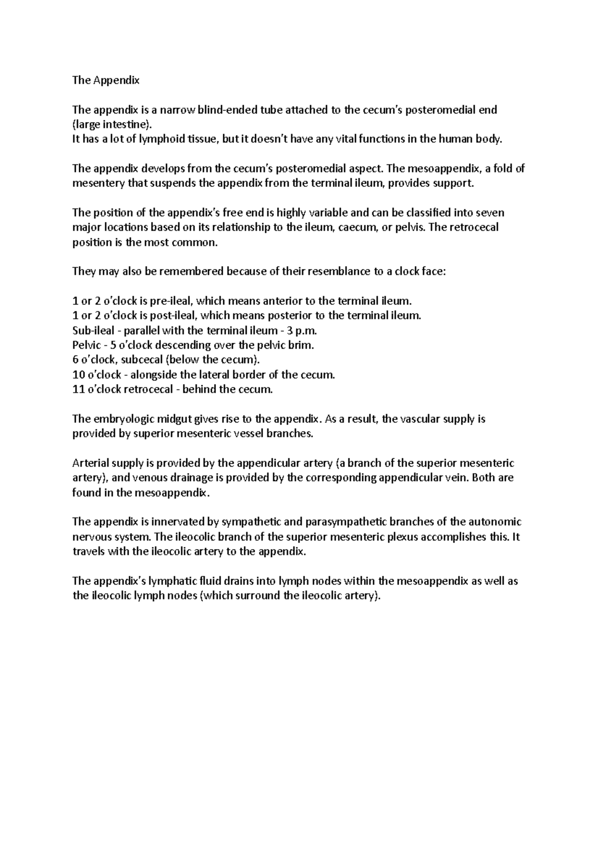 The Appendix - Anatomy notes - The Appendix The appendix is a narrow ...