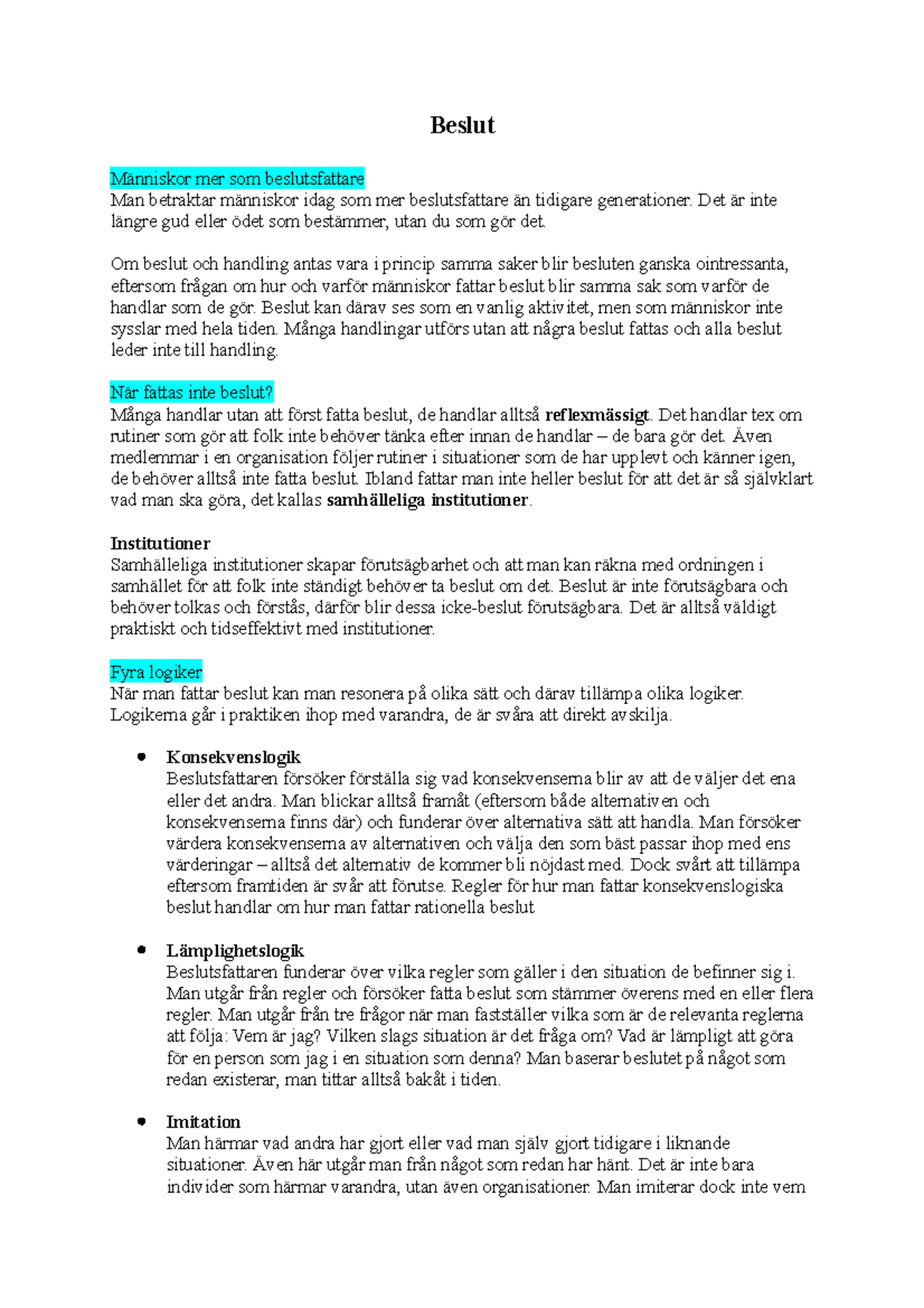 Beslut - Sammanfattning hela boken - Beslut Människor mer som ...