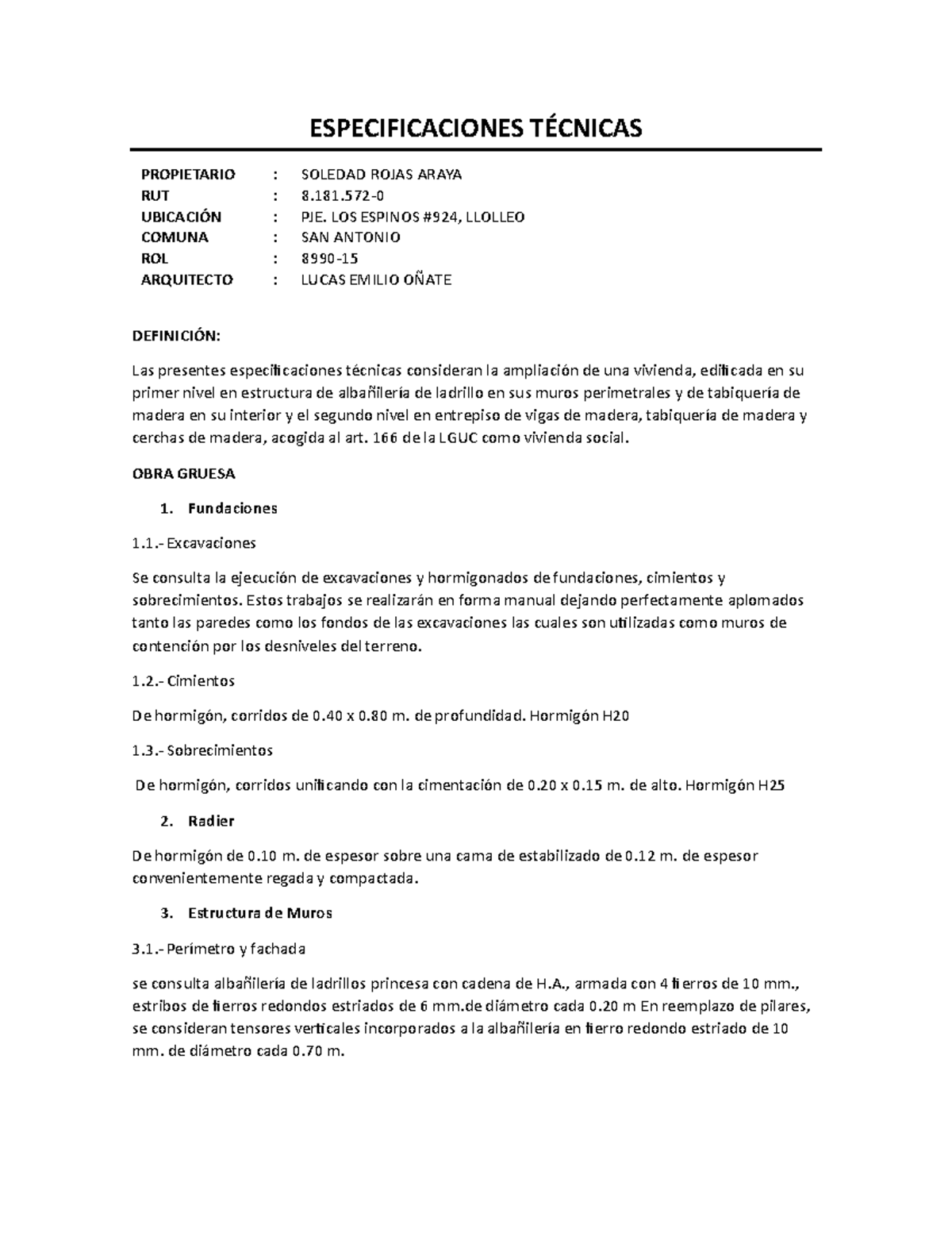 EETT - Proyecto de Ampliación vivienda - ESPECIFICACIONES TÉCNICAS PROPIETARIO : SOLEDAD ROJAS ...