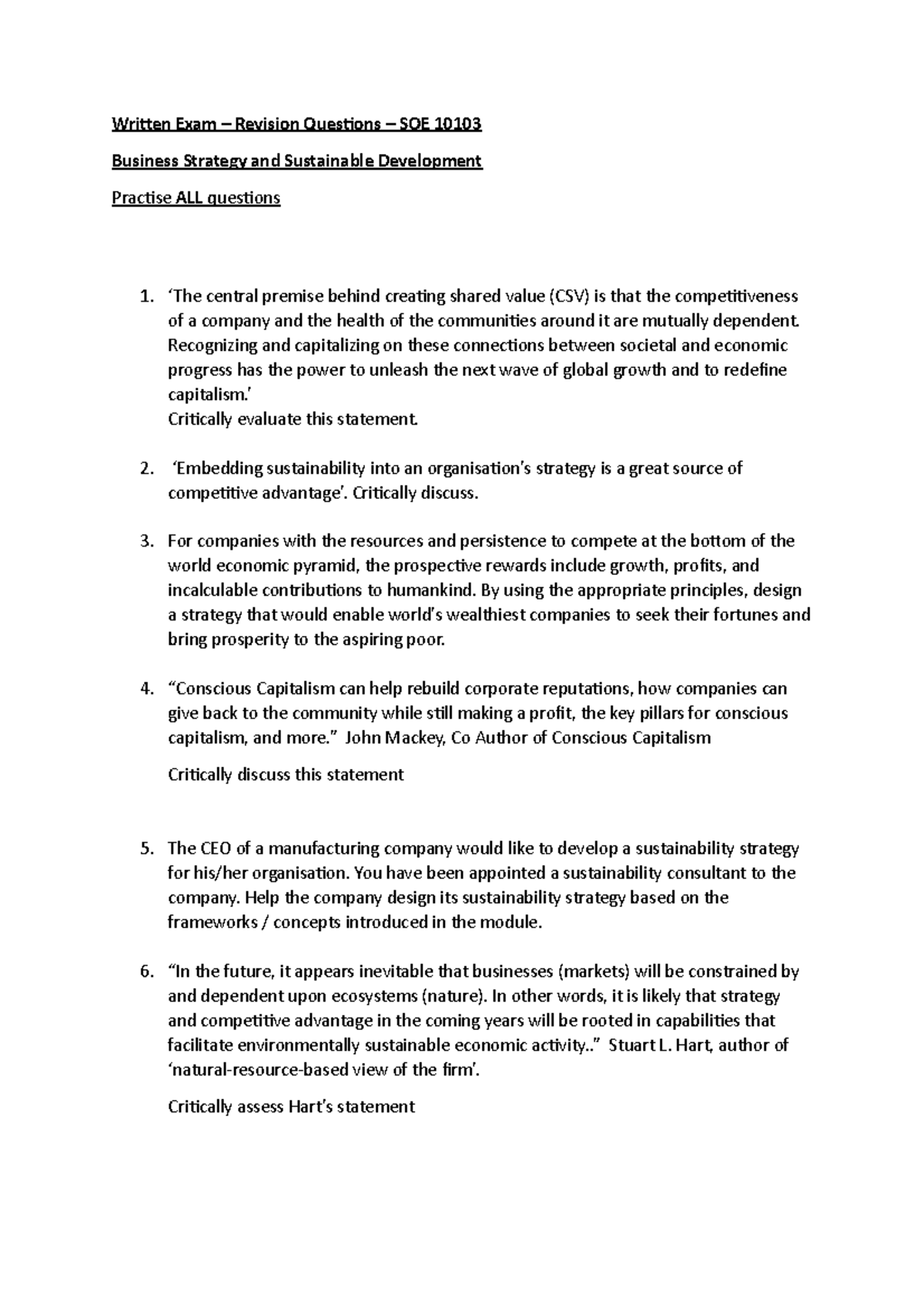 Sample/practice exam 2018, questions - Written Exam – Revision ...